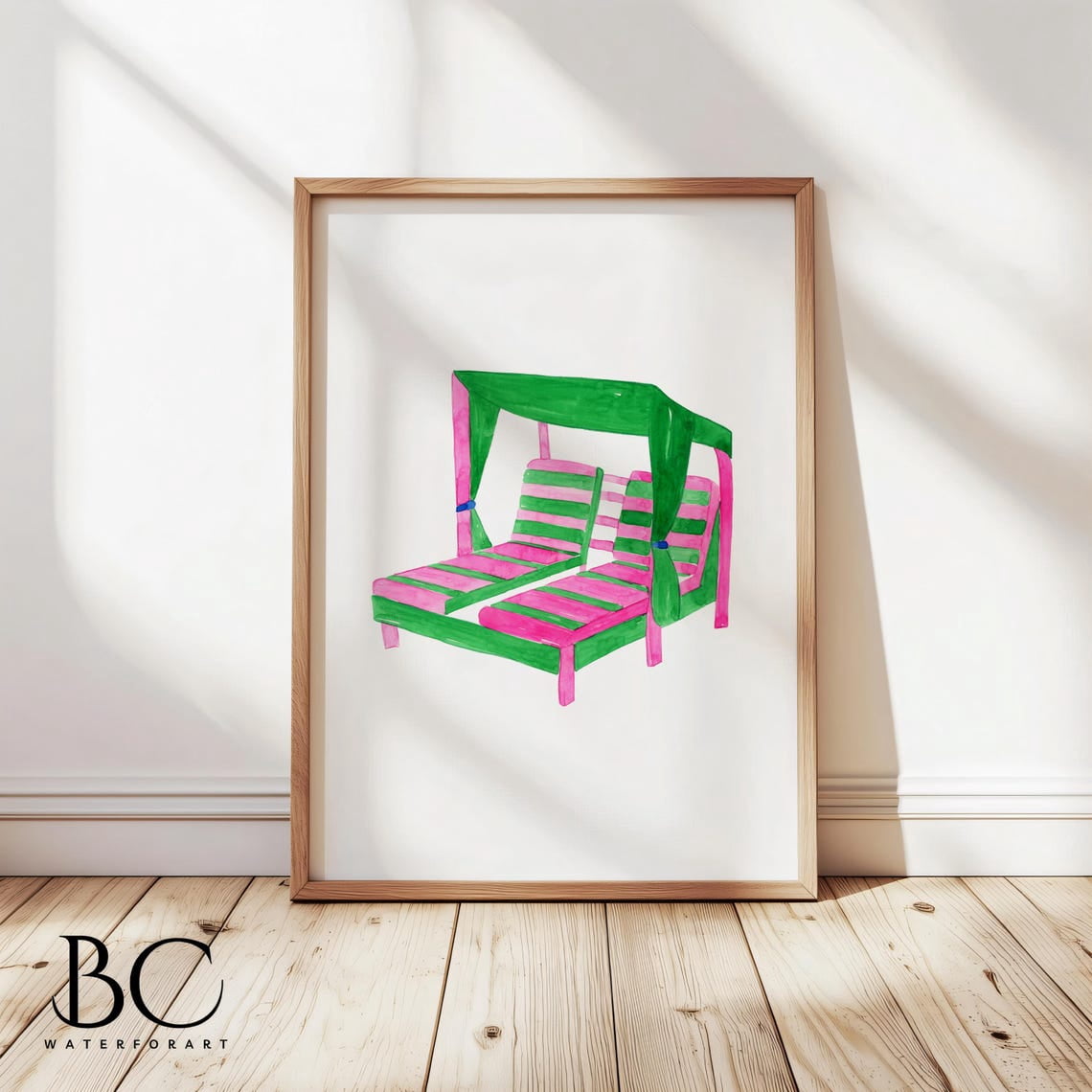Watercolor Pool Lounge Art Print, Green & Pink Beach Chair Art, Retro ...
