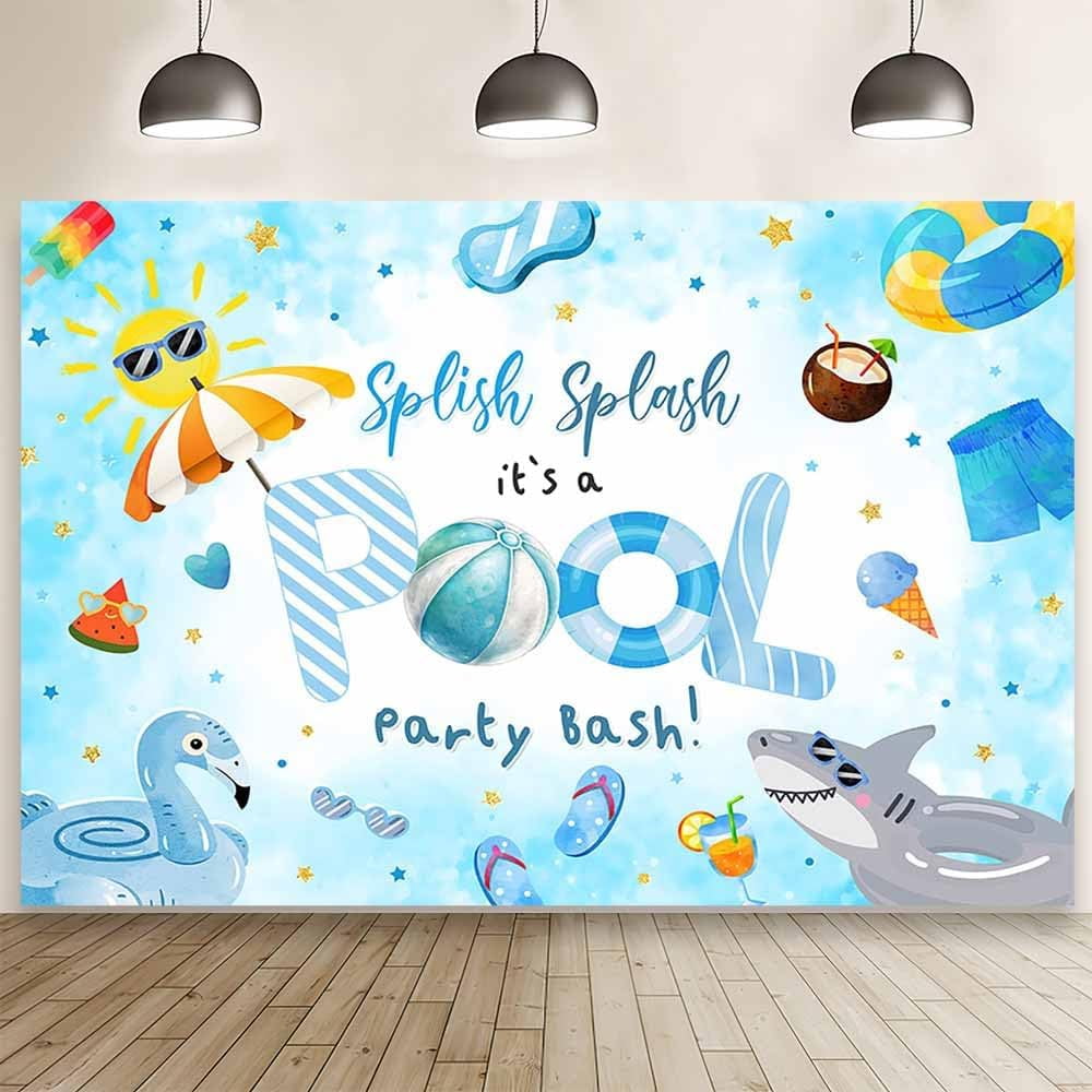 Watercolor Pool Party Backdrop Splish Splash Pool Party Photography Background Summer Beach Ball ...