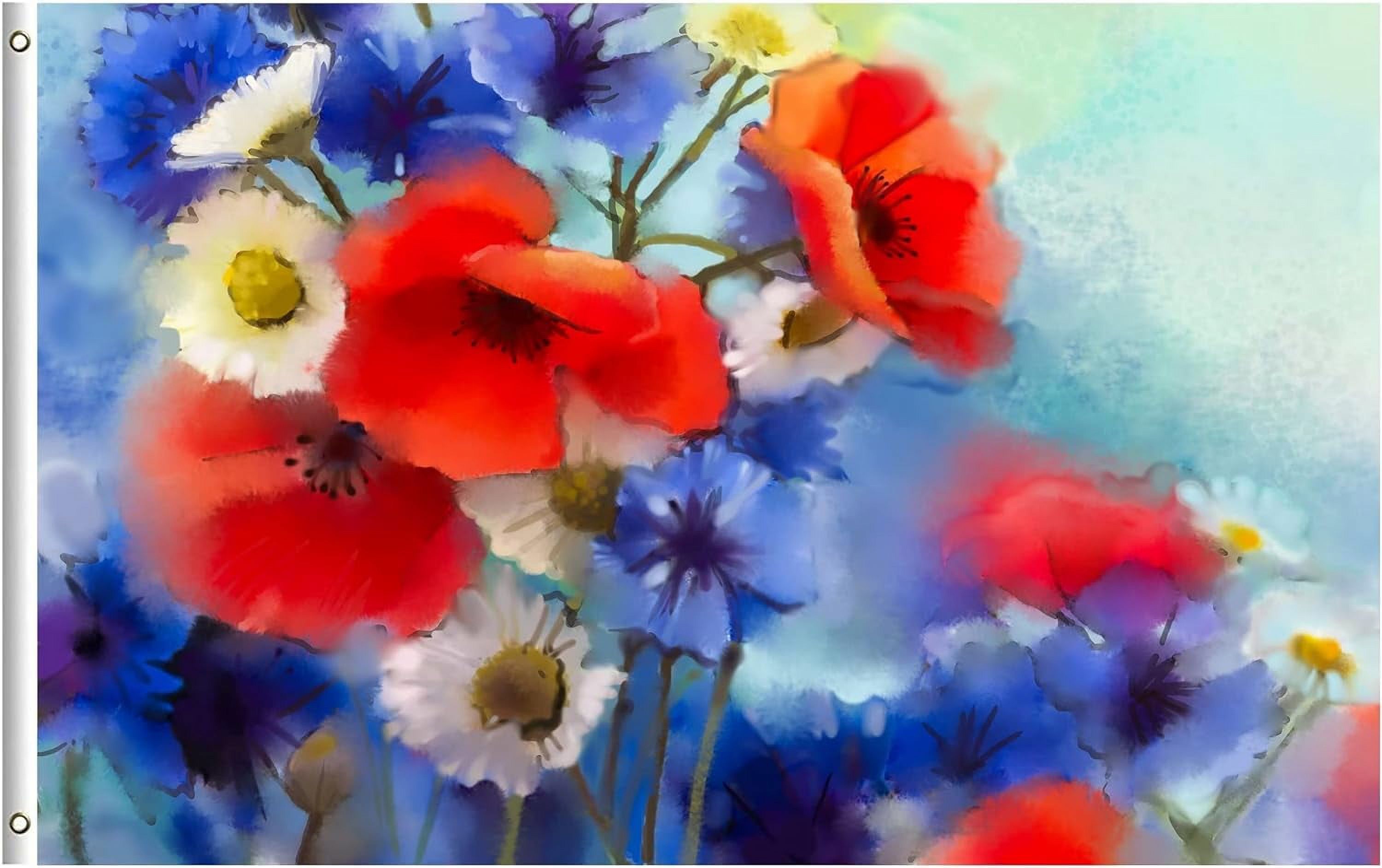 Watercolor Poppy Daisy Flowers Spring Summer Seasonal Nature Flag with ...