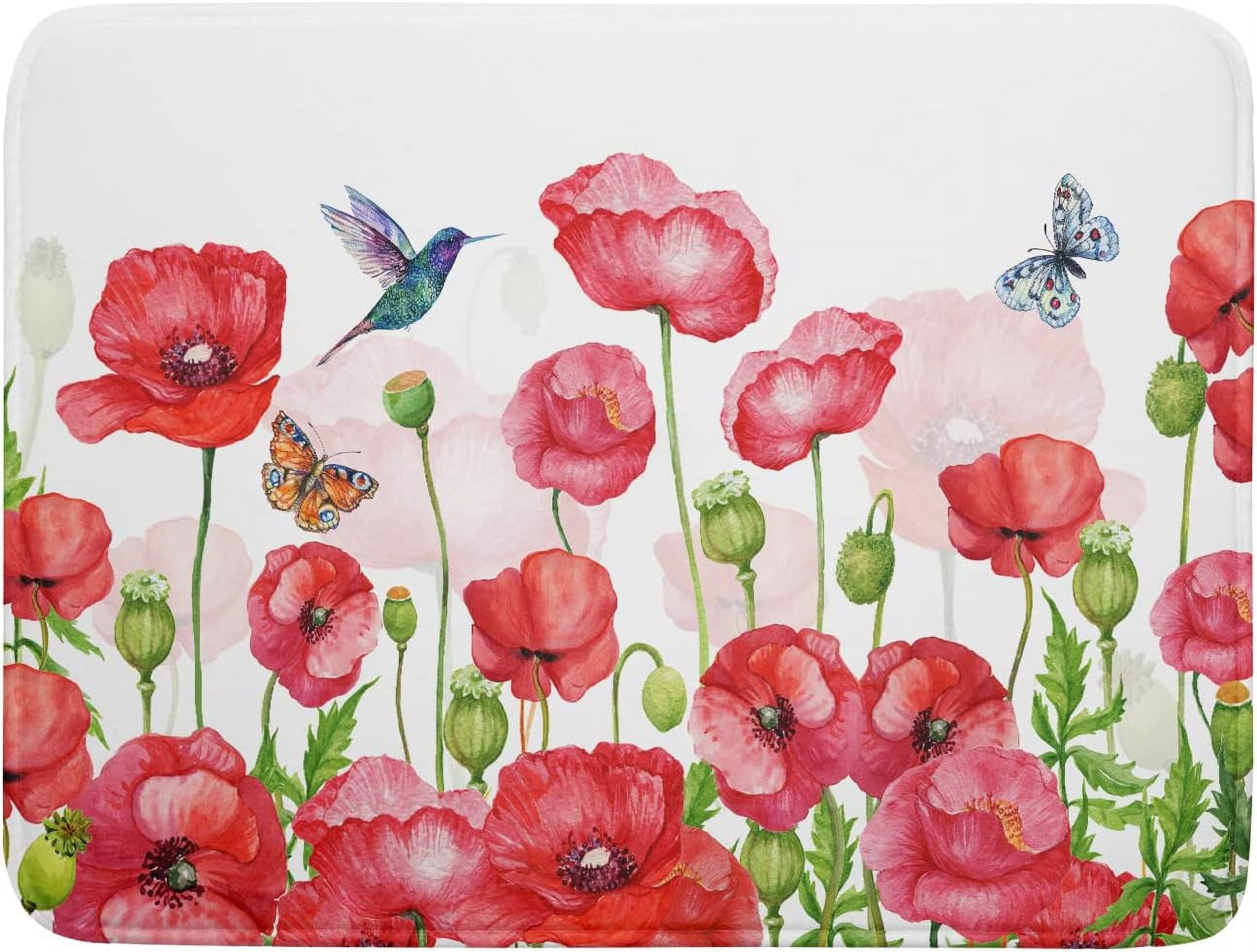 Watercolor Poppy Dish Drying Mat - Red Flowers Drying Pad 18 x 24 Inch ...
