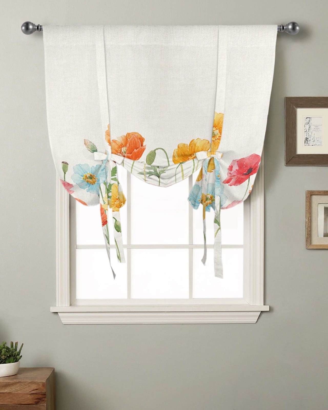 Watercolor Poppy Flower Kitchen Short Window Curtain Rod Pocket ...