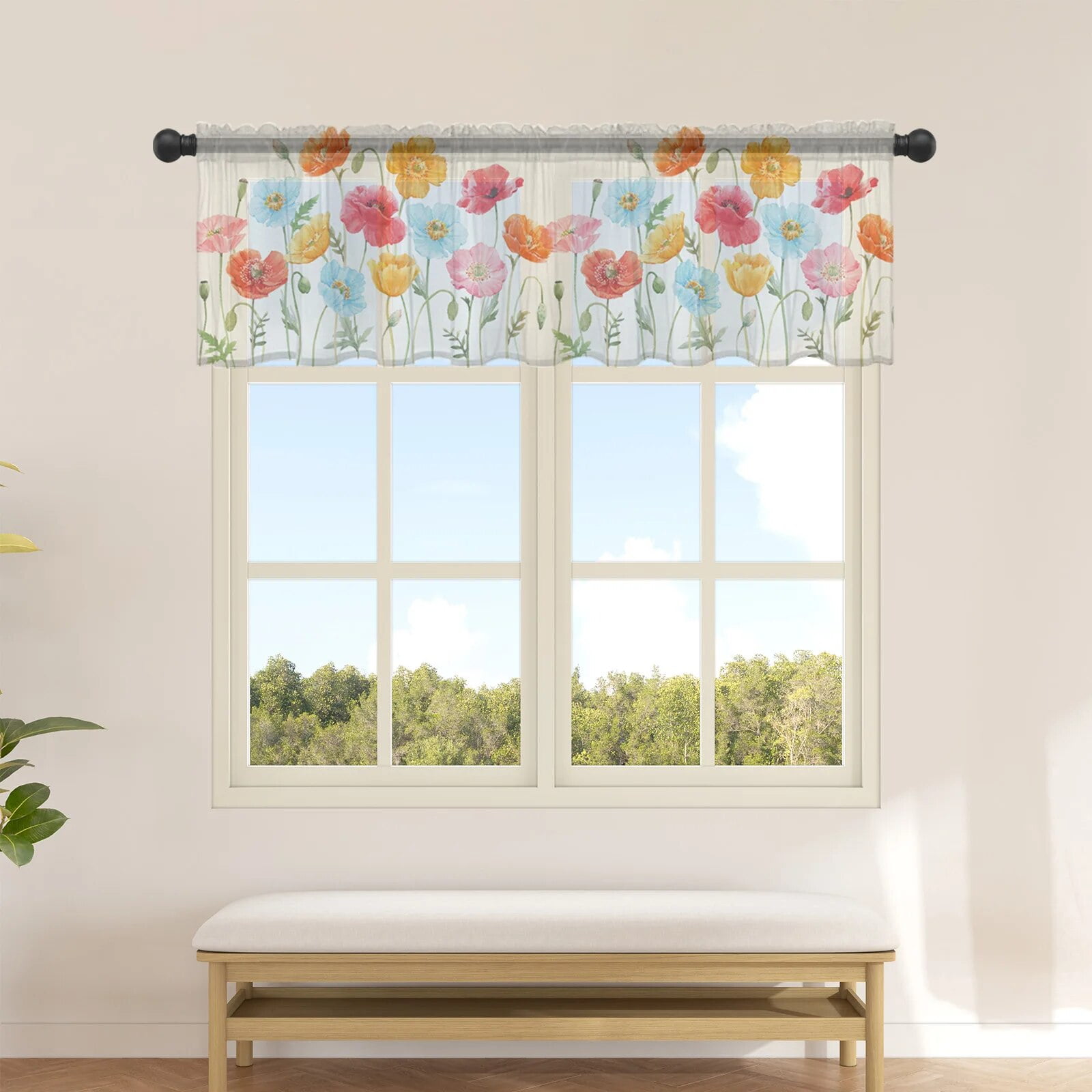Watercolor Poppy Flower Short Tulle Curtains for Kitchen Cafe Sheer ...