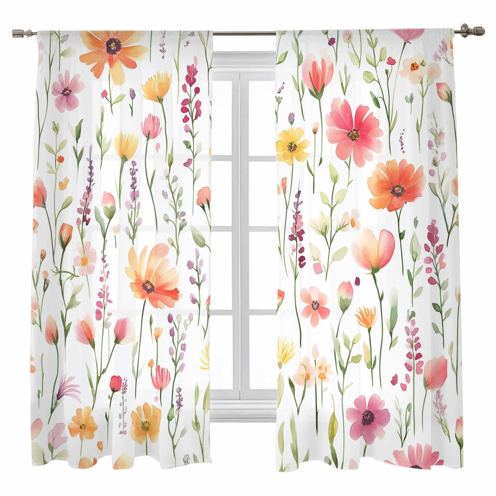 Watercolor Poppy Sheer Curtains 63 inches Long, Flower Eucalyptus Leaf ...