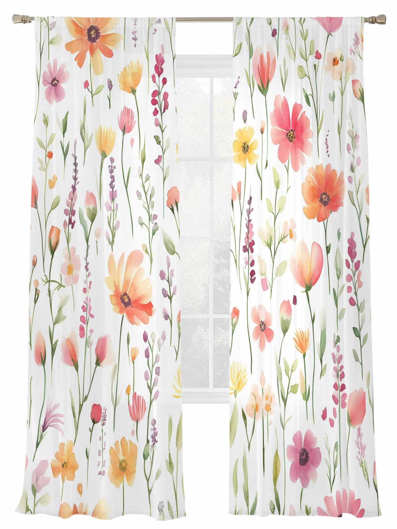 Watercolor Poppy Sheer Curtains 96 Inch Long 2 Panels, Flower ...
