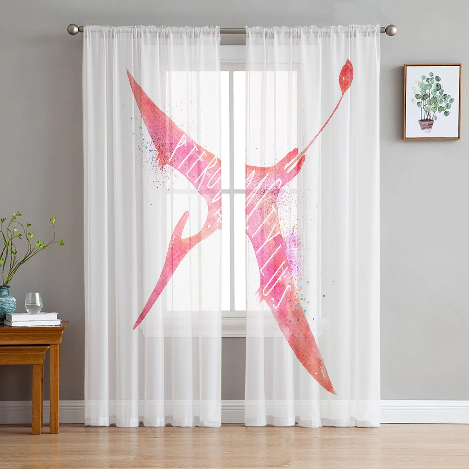 Watercolor Pterodactyl Sheer Curtain for Living Room Hall Wall Dress Up ...