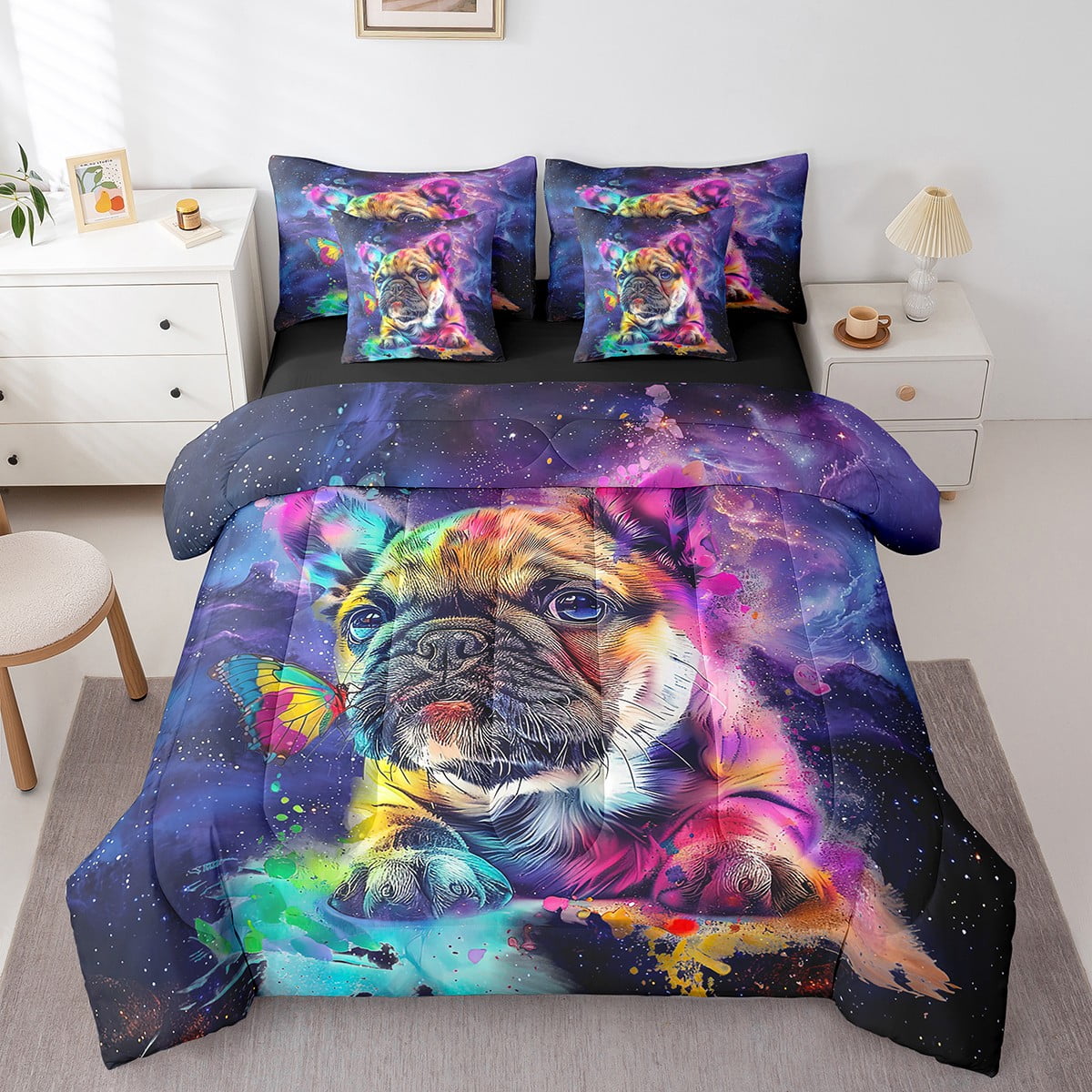 Watercolor Pug Bedding Comforter Sets 7 Pieces Dog Theme Bed in a Bag ...