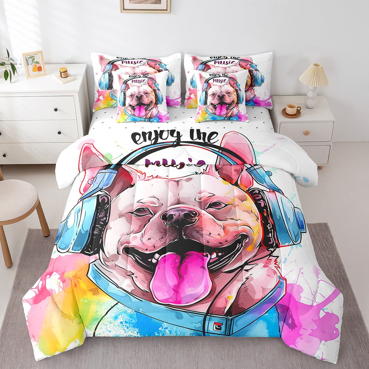 Watercolor Pug Dog Bedding Comforter Sets 7pcs Cute Animal Bed in a Bag ...