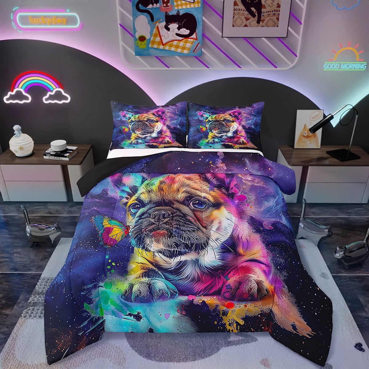 Watercolor Pug King Size Comforter Set Dog Theme Bedding Set, Navy Blue ...