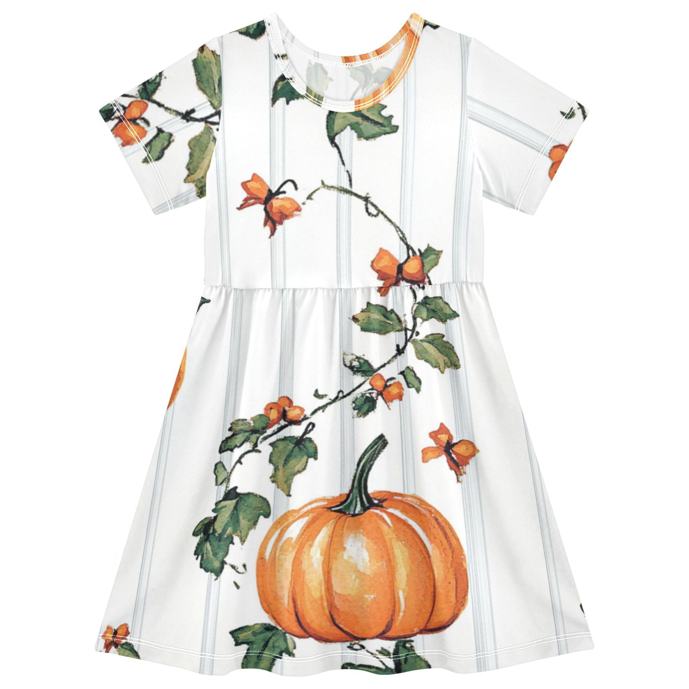 Watercolor Pumpkins Leaves Vertical Stripes Girls' Short Sleeve Dress A ...