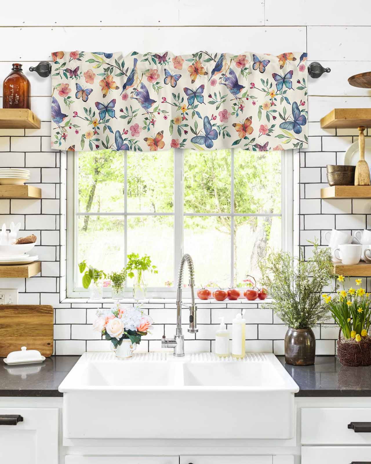 Watercolor Purple Butterflies Robins Window Valances for Kitchen,Rod ...