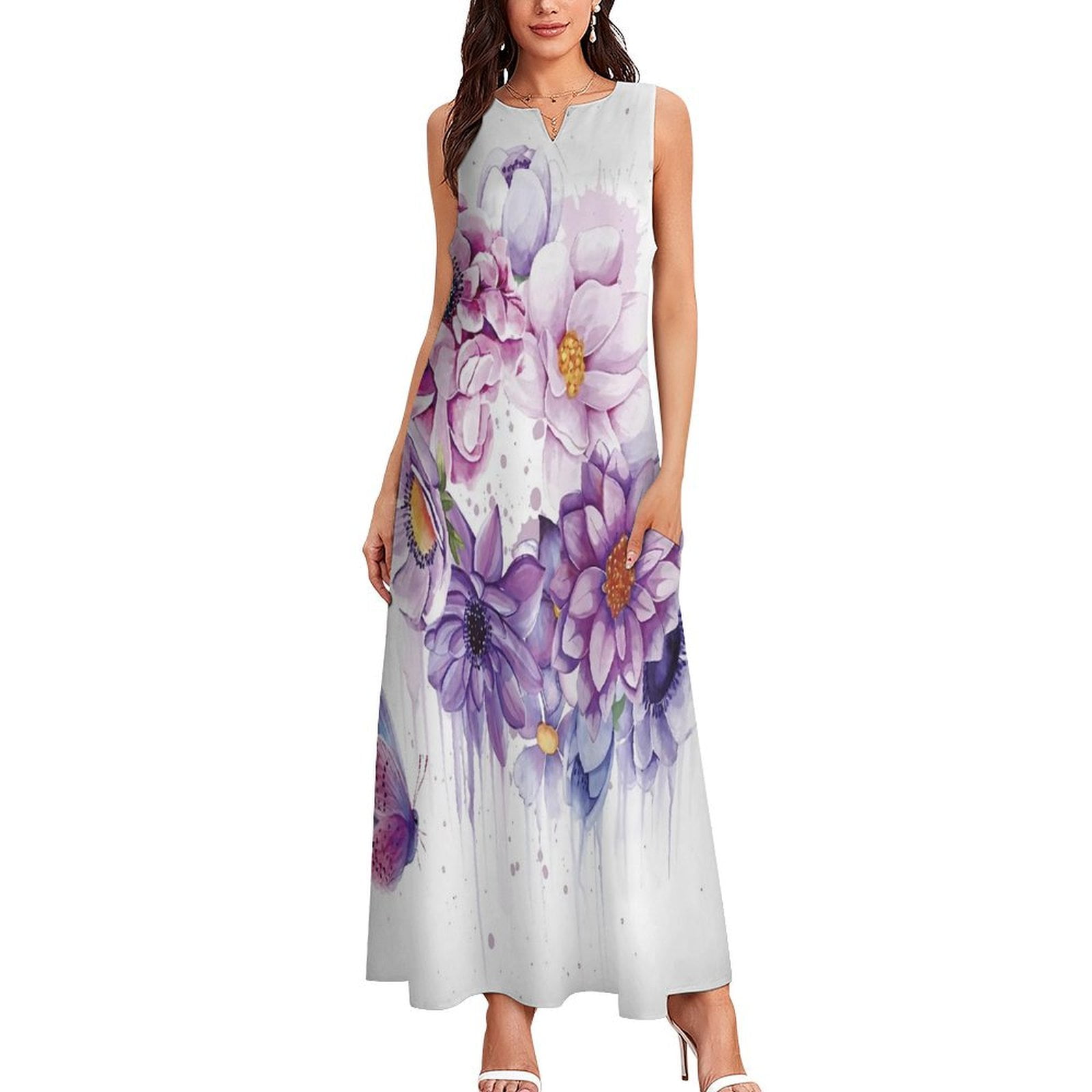 Watercolor Purple Floral Butterfly Spring Long Dress Bridesmaid Dress ...