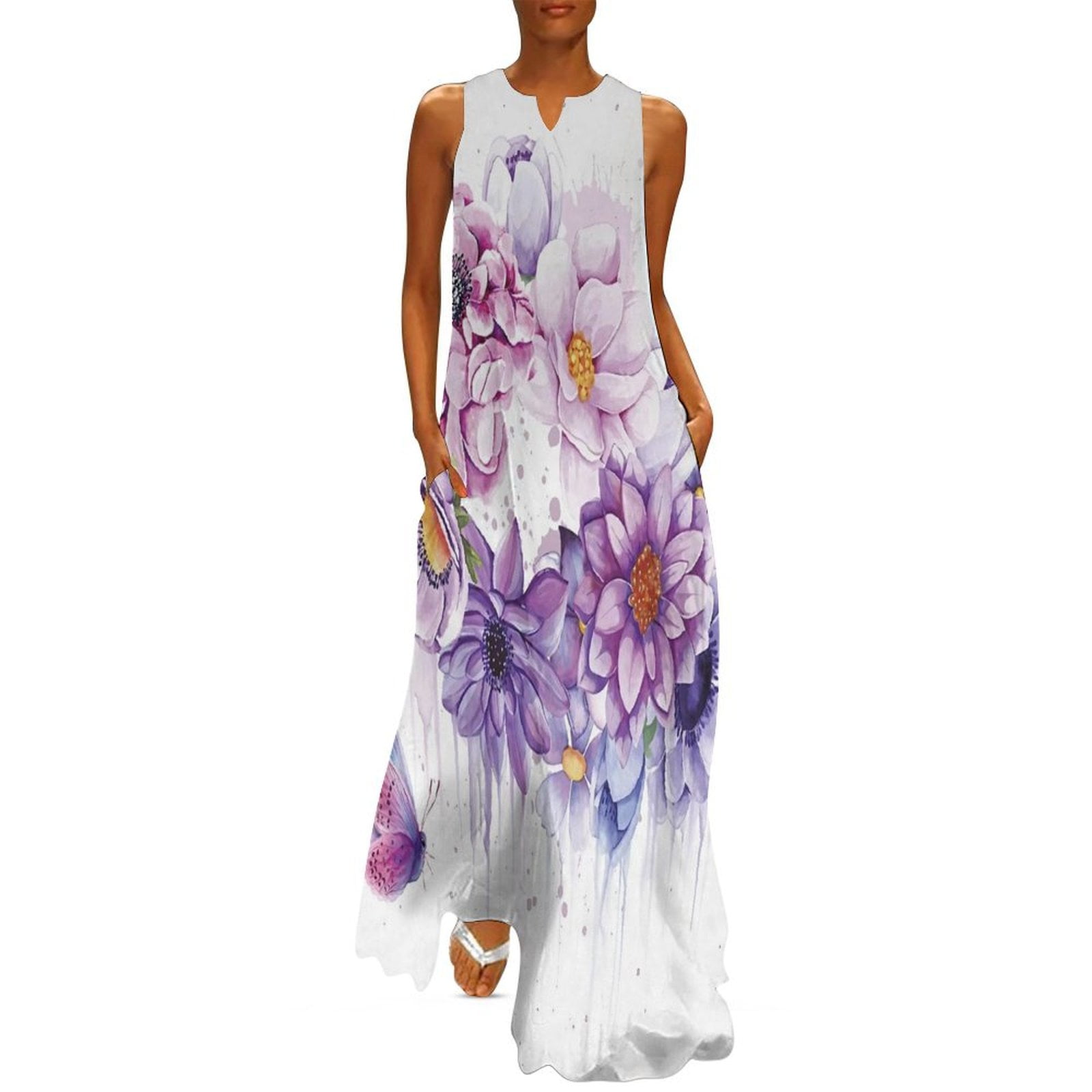 Watercolor Purple Floral Butterfly Spring Long Dress Female Clothing ...