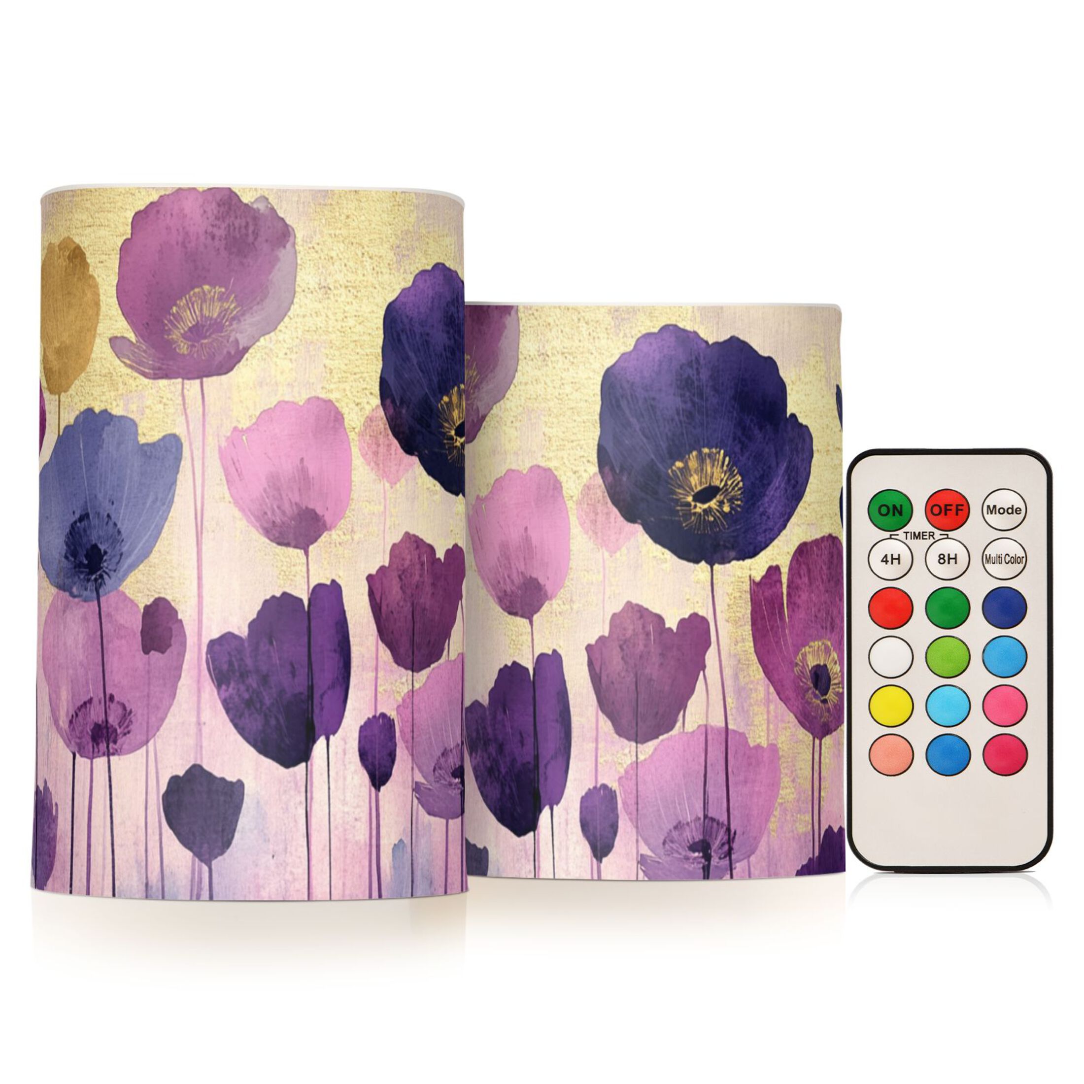 Watercolor Purple Flowers Flickering Flameless Candles Battery Operated ...