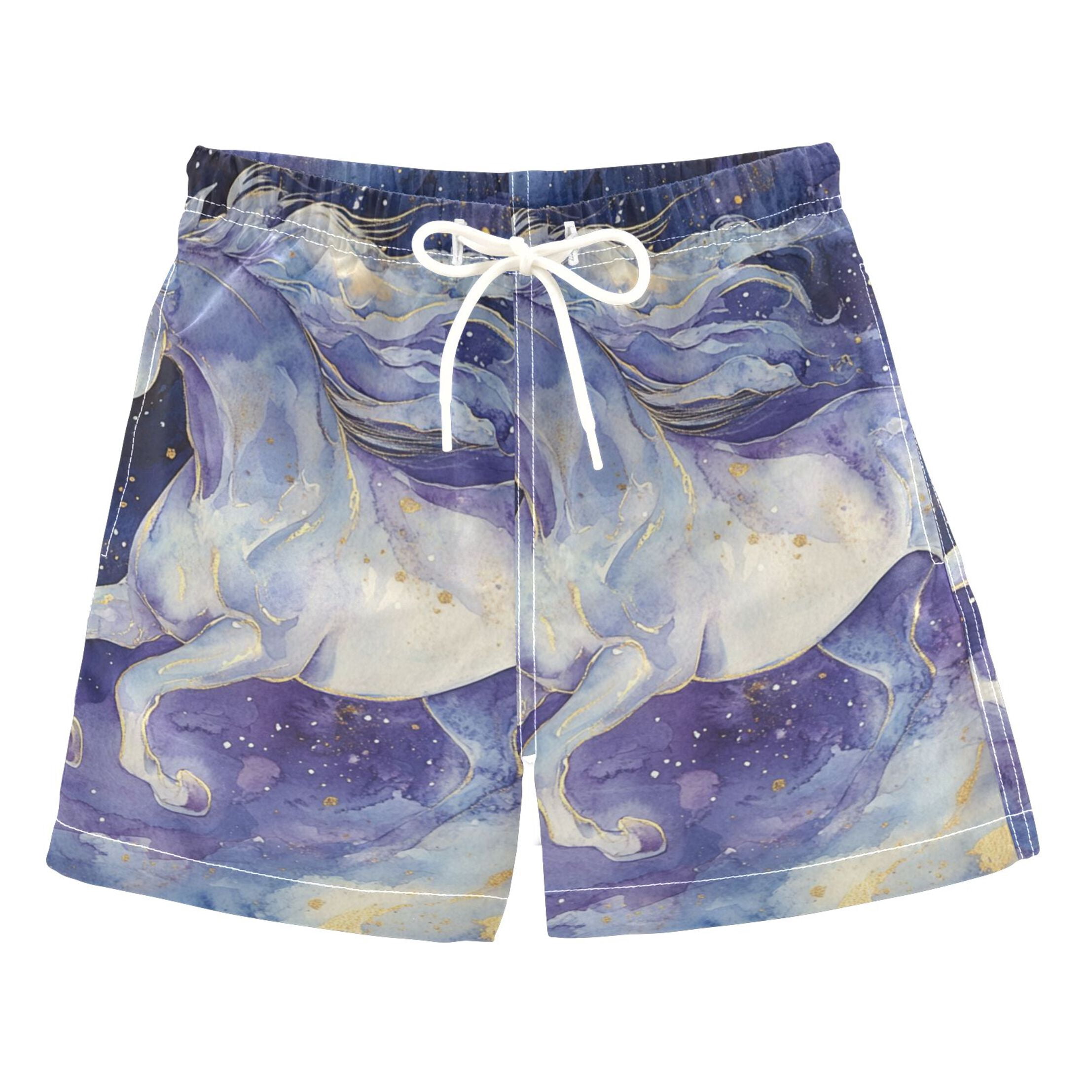 Watercolor Purple Horse Running Boys' Swim Trunks Board Shorts Beach ...