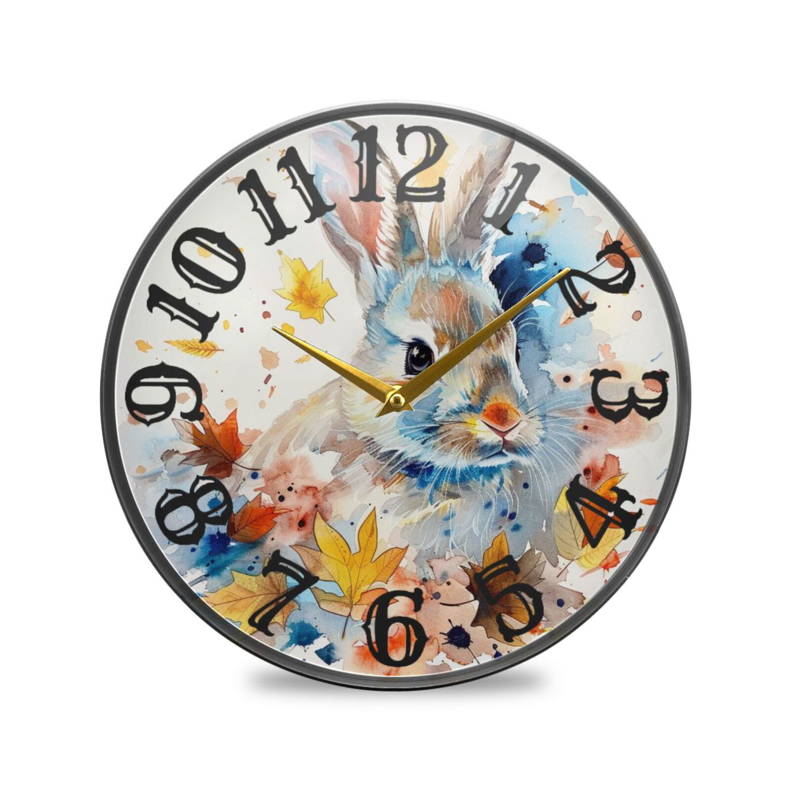 Watercolor Rabbit Leaves Wall Clock 10 Inch Silent Non Ticking Battery ...