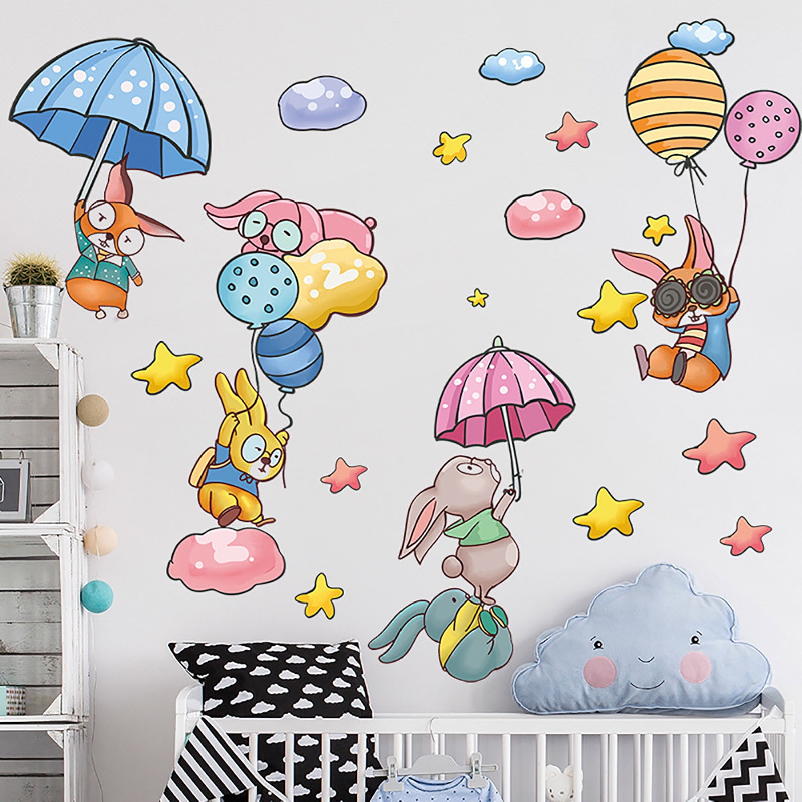 Watercolor Rabbit with Umbrella Wall Decal, Cute Cartoon Rain Cloud ...