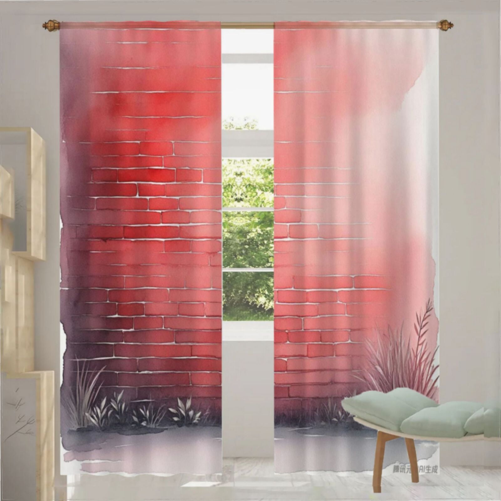 Watercolor Red Brick Wall Sunlight Curtains for Living Room Bedroom ...