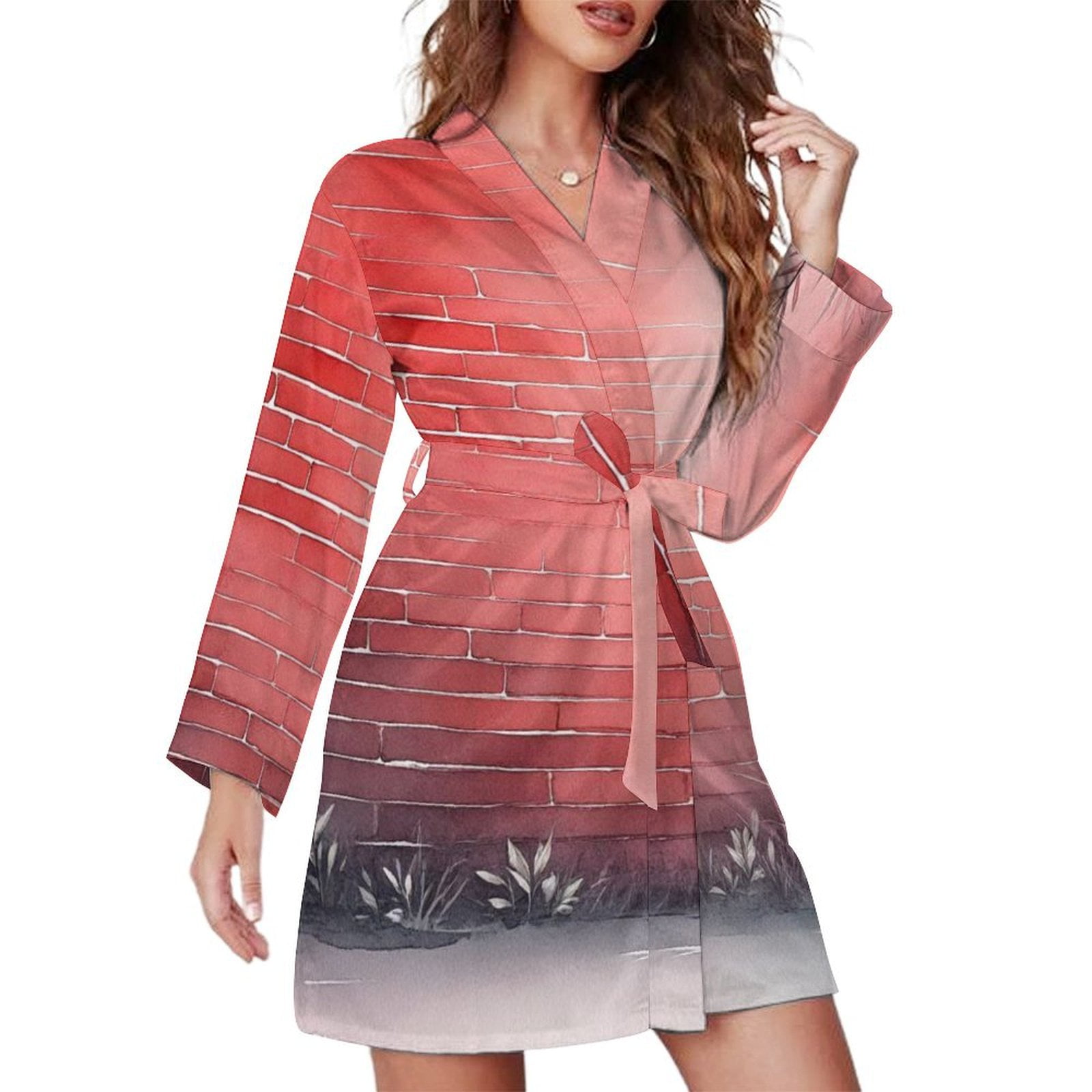 Watercolor Red Brick Wall Sunlight Night Robe Long Sleeve V Neck Robe ...