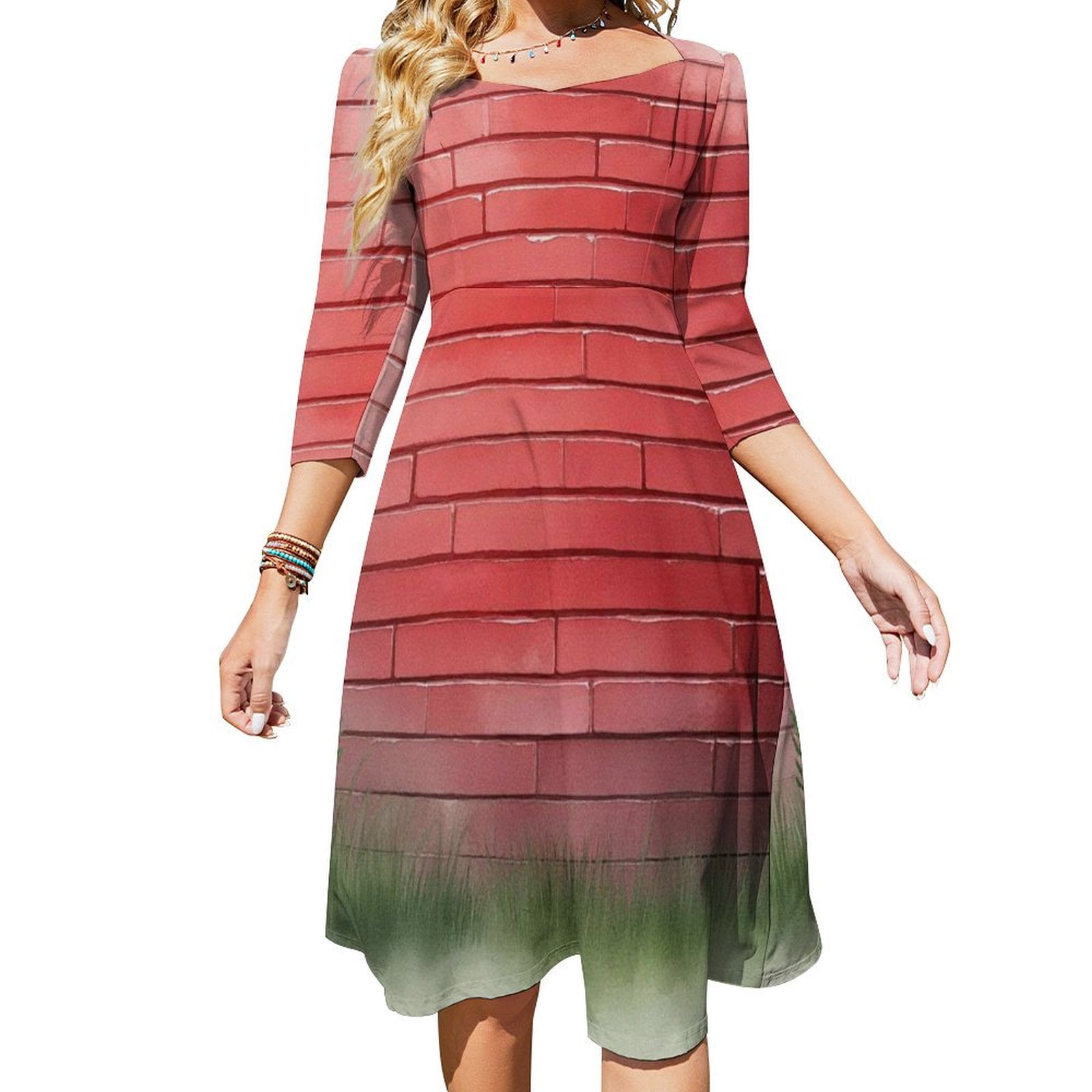 Watercolor Red Brick Wall Womens Summer Dress Tie Back A Line Flare ...