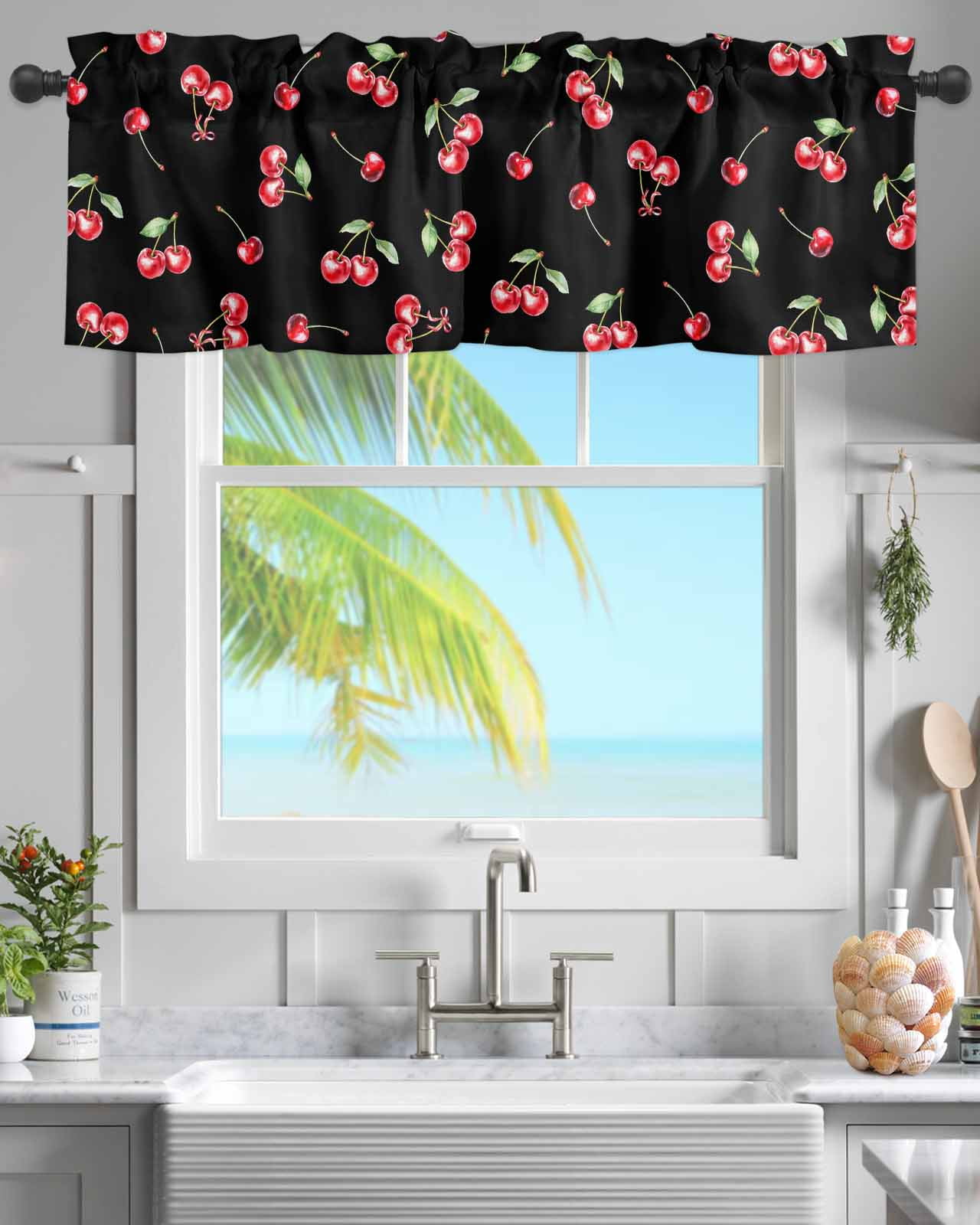 Watercolor Red Cherry on Black Curtain Valances for Kitchen Windows,Rod ...