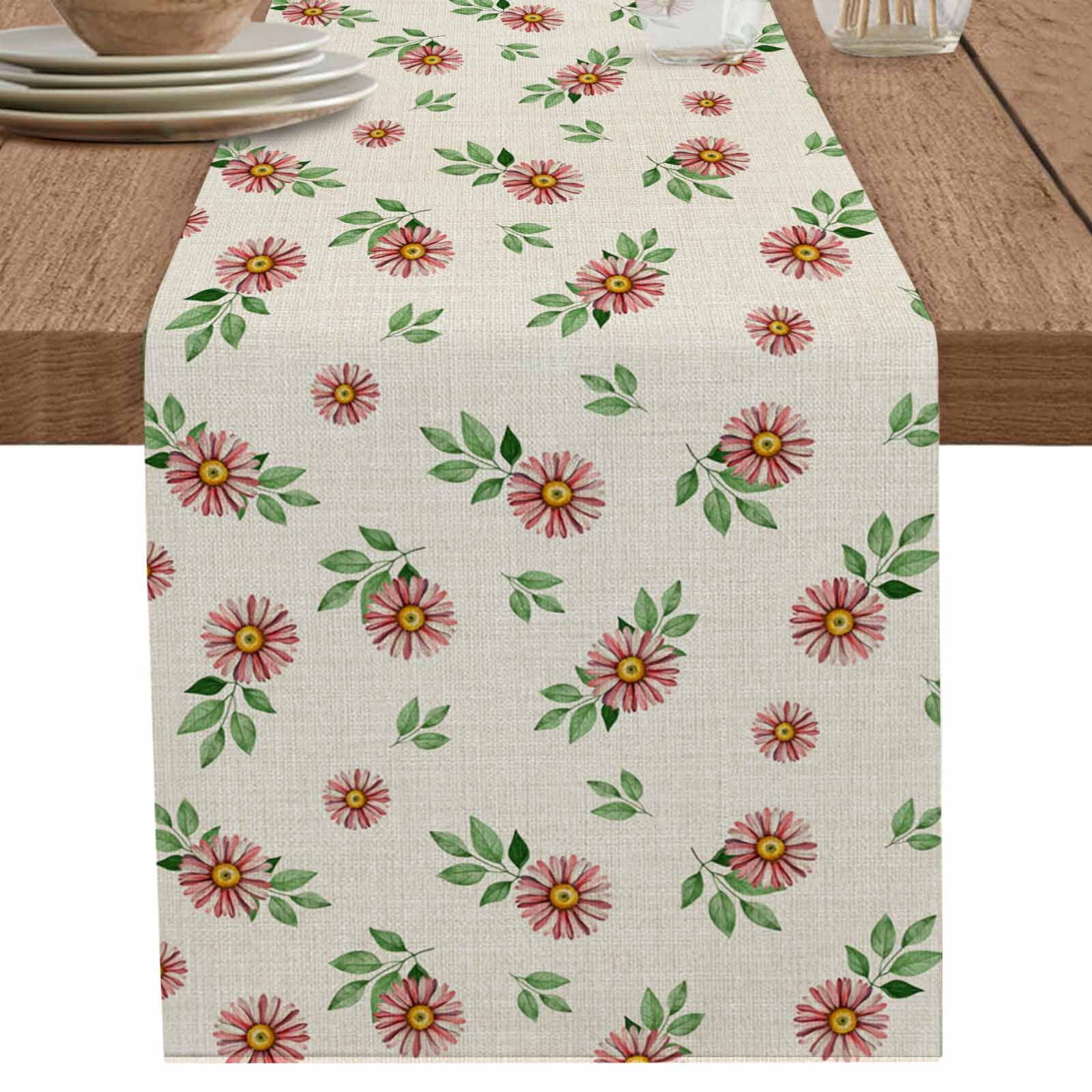 Watercolor Red Daisy Flower on Linen Table Runner-70 Inch Long Summer ...