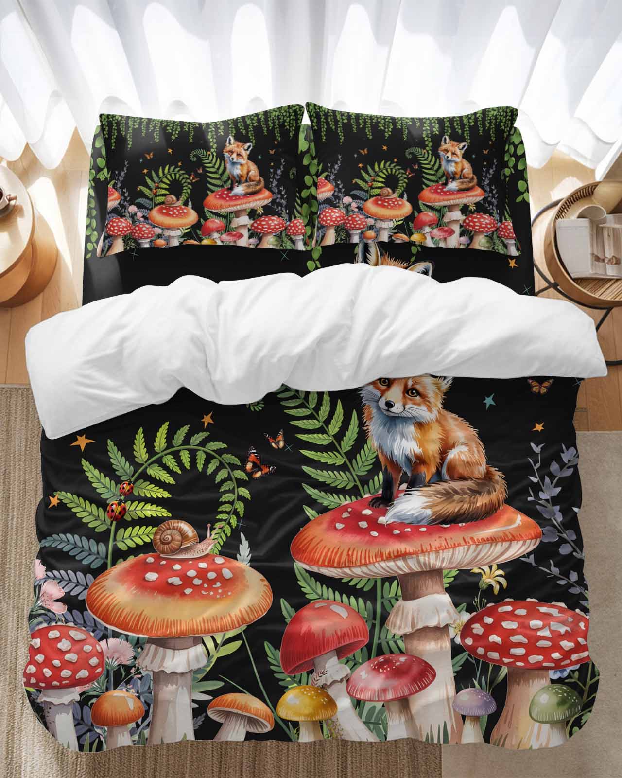 Watercolor Red Mushroom Bedding Duvet Cover Set Full Size 4 Pieces Fox ...