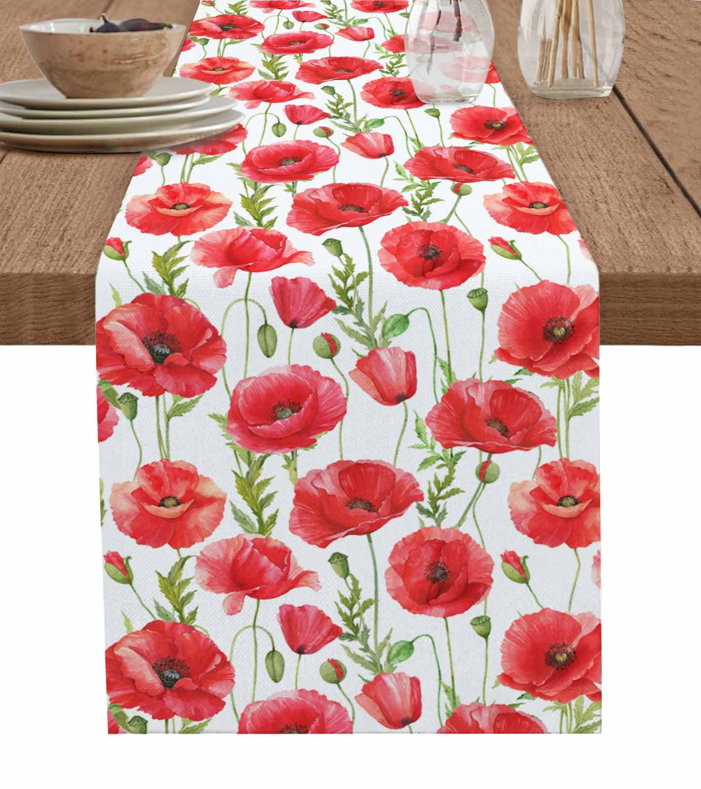 Watercolor Red Poppy Flower Texture Table Runner Wedding Coffee Table ...
