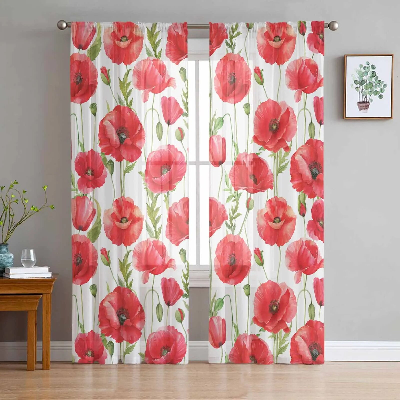 Watercolor Red Poppy Flower Tulle Curtains for Living Room Bedroom ...