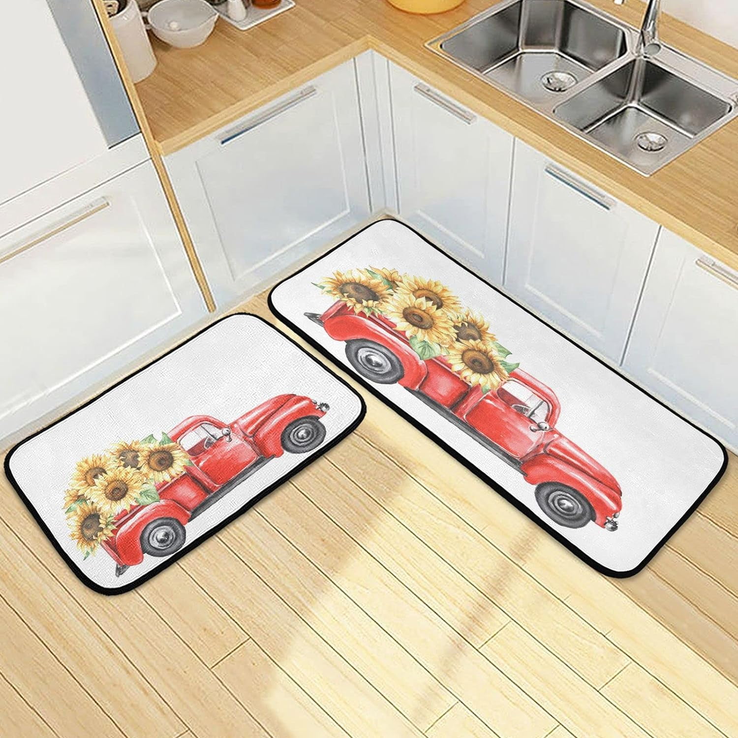 Watercolor Red Truck Spring Kitchen Mat Rugs Set of 2 Sunflowers Summer ...
