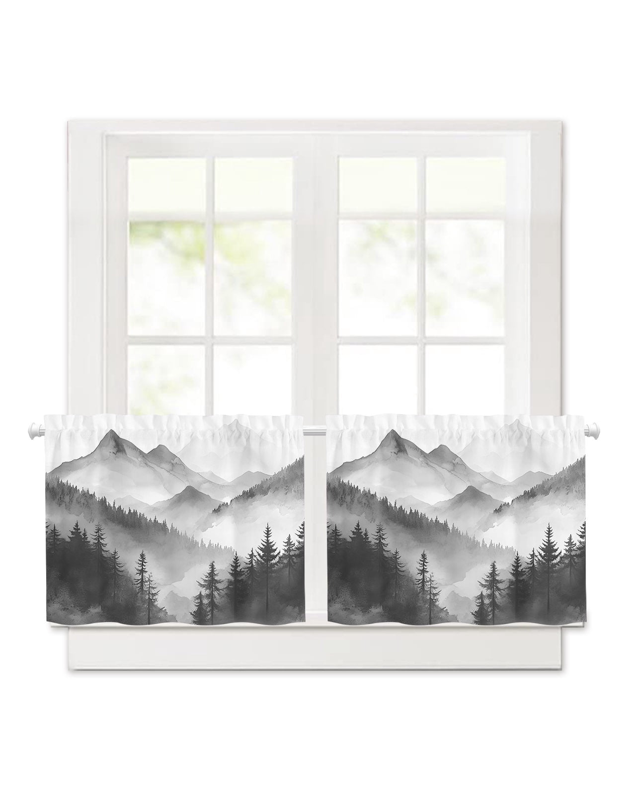 Watercolor Retro Black Mountain Forest Short Blackout Curtains 24 Inch ...