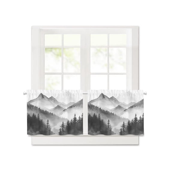Watercolor Retro Black Mountain Forest Short Blackout Curtains 24 Inch ...