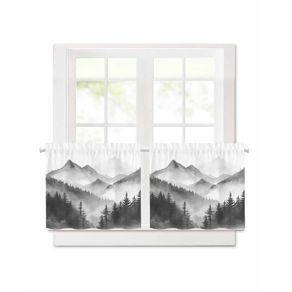 Watercolor Retro Black Mountain Forest Short Blackout Curtains 30 Inch ...