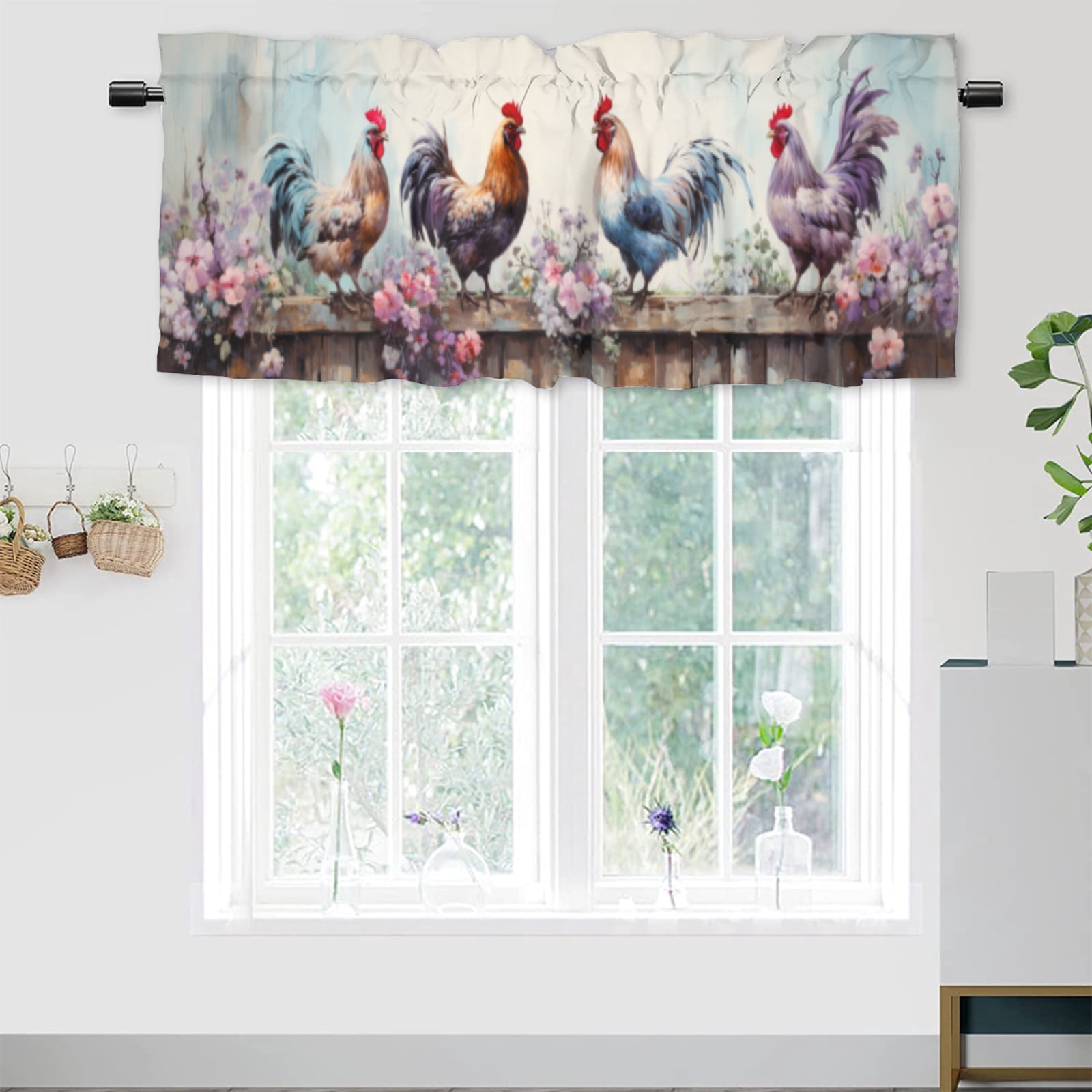 Watercolor Rooster Curtain Valances for Kitchen Windows Farm Colorful ...