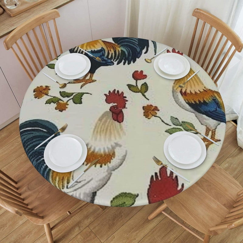 Watercolor Rooster Cute Chicken Round Fitted Tablecloth with Elastic ...