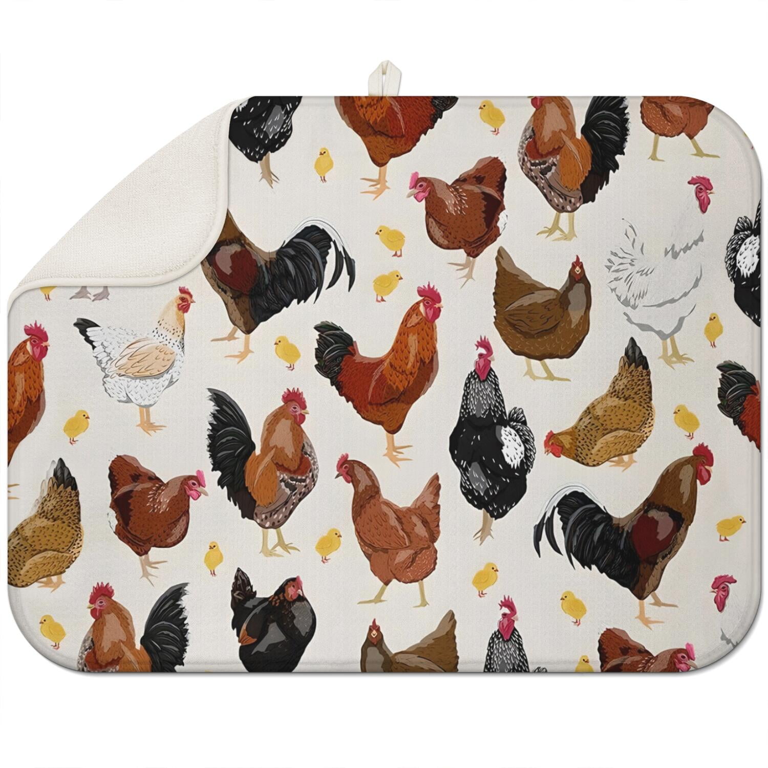 Watercolor Rooster Drying Mat - Super Absorbent Dish Drying Pad - Farm ...