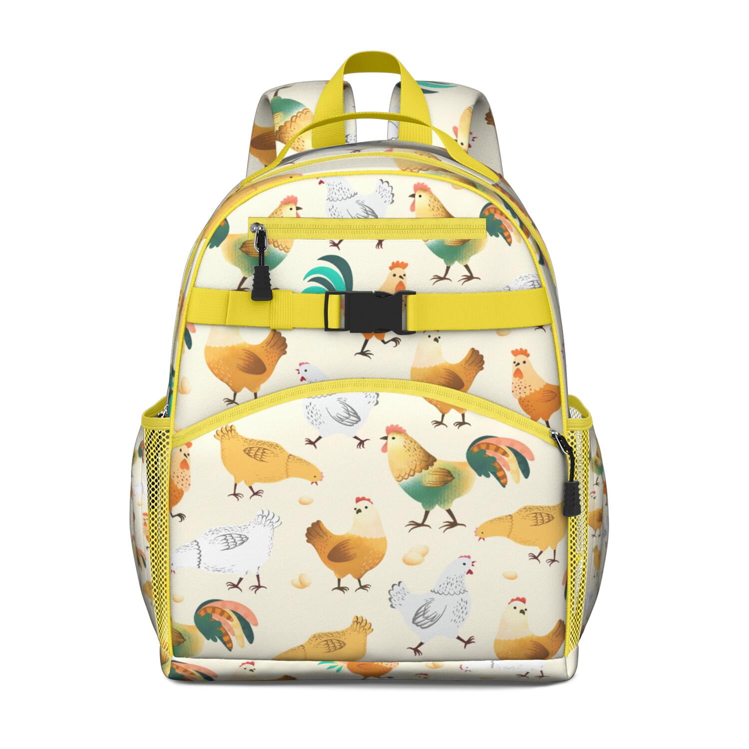 Watercolor Rooster Students Backpack Artistic Chicken Print with Nature-Inspired Floral and Barn ...