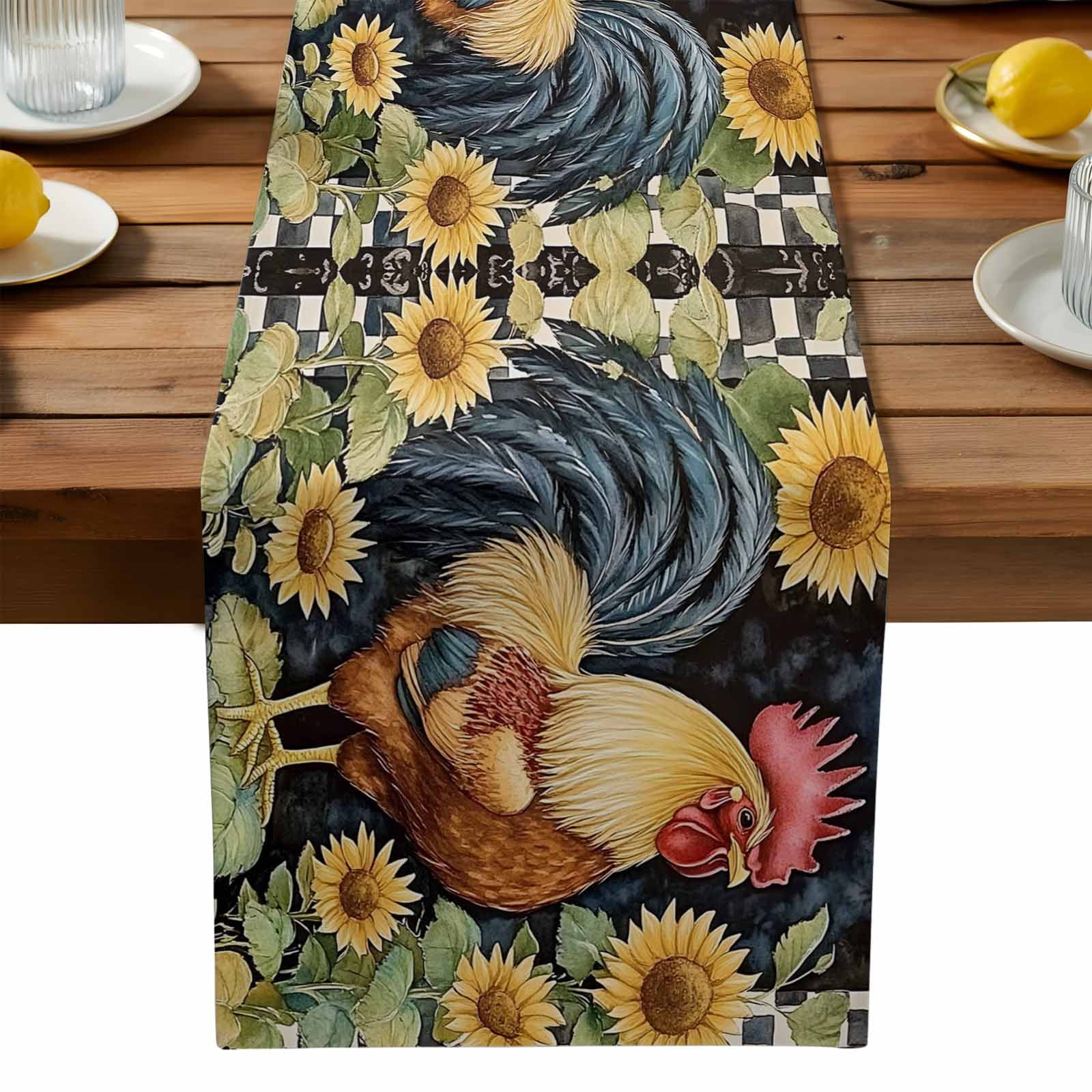Watercolor Rooster Table Runner, Sunflower Black Plaid Cotton Linen ...