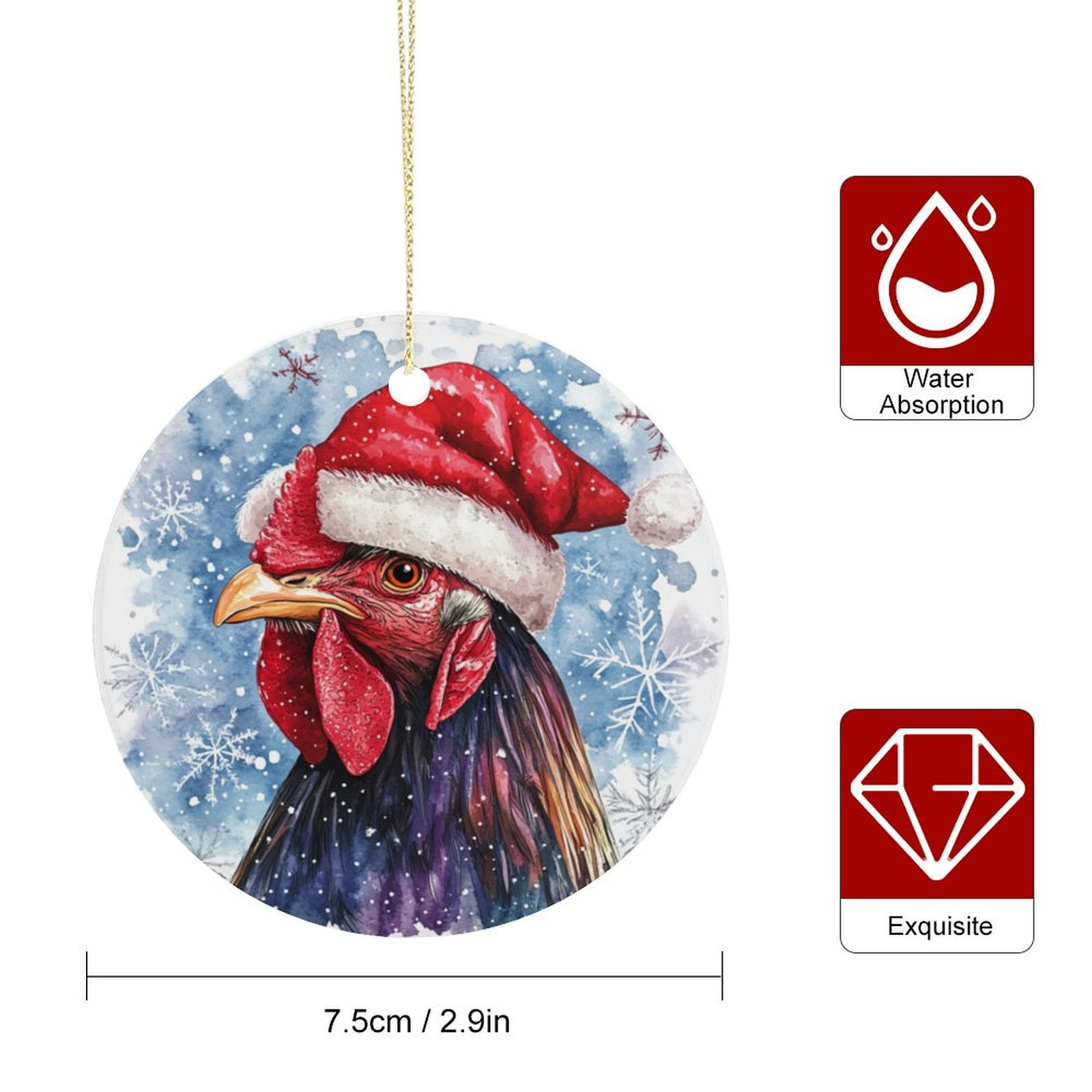 Watercolor Rooster Wearing A Santa Hat Ceramic Ornament Chicken Decor ...