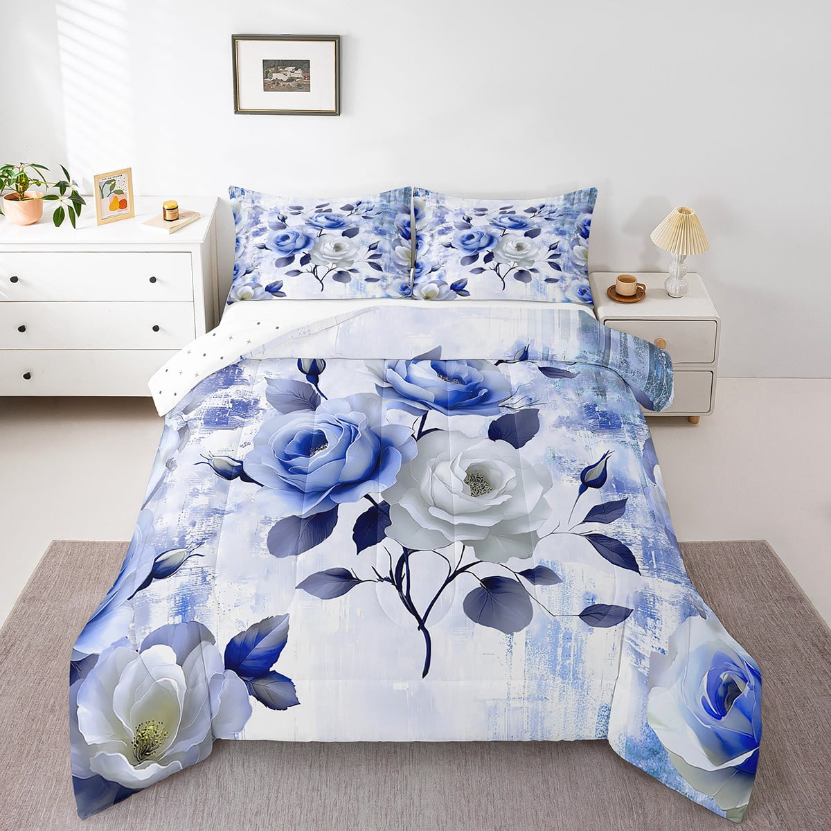 Watercolor Rose Bedding Queen Size Chic Flower Floral Comforter Set ...