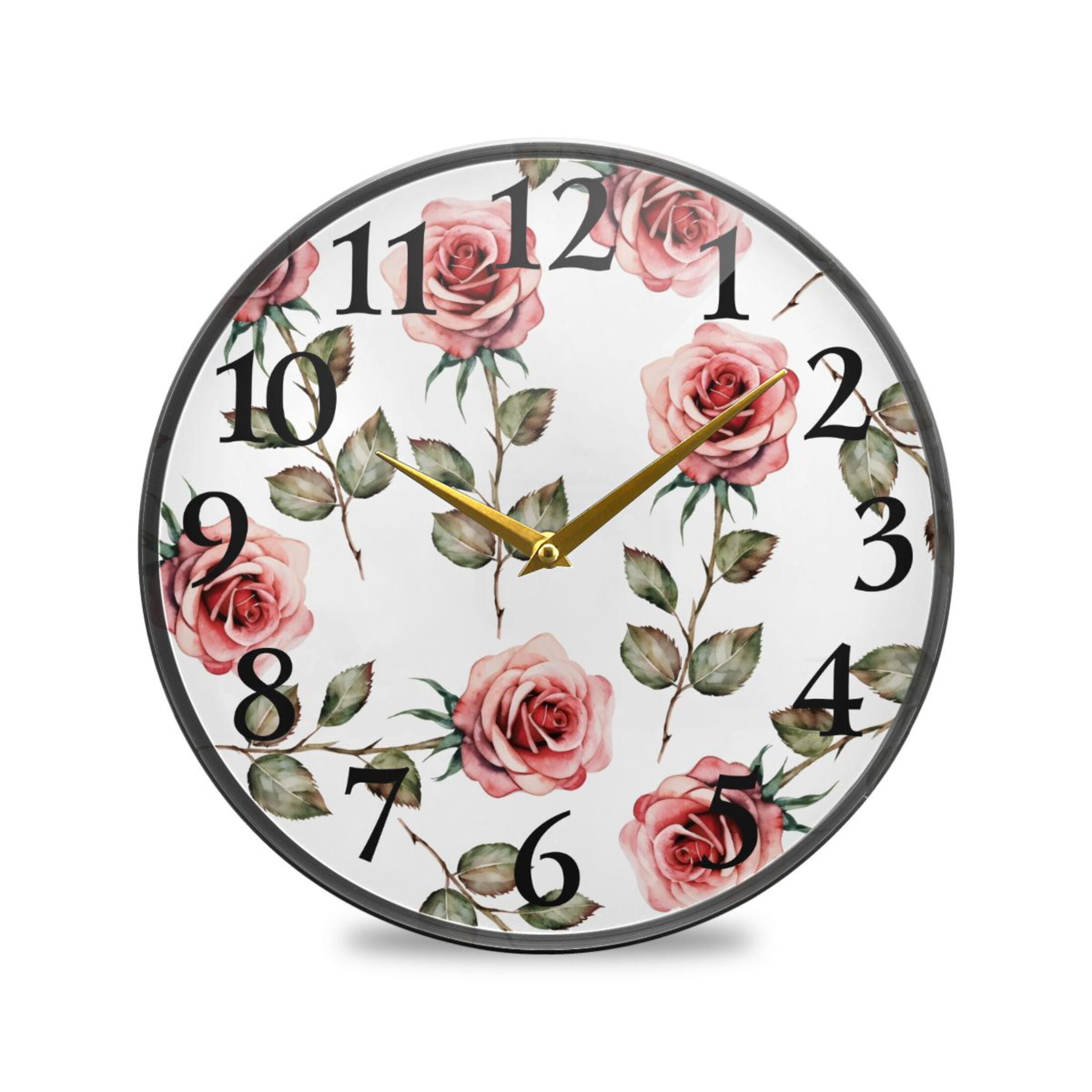Watercolor Rose Flower Wall Clocks Battery Operated 11.9 Inch Round ...