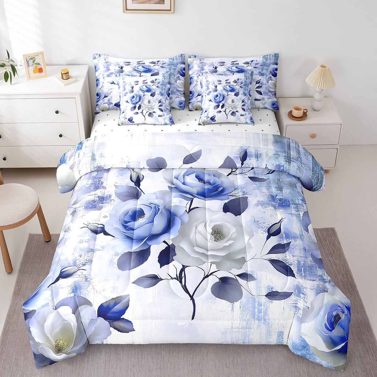 Watercolor Rose Queen Comforter Set 7 Pieces Chic Flower Floral Bedding ...