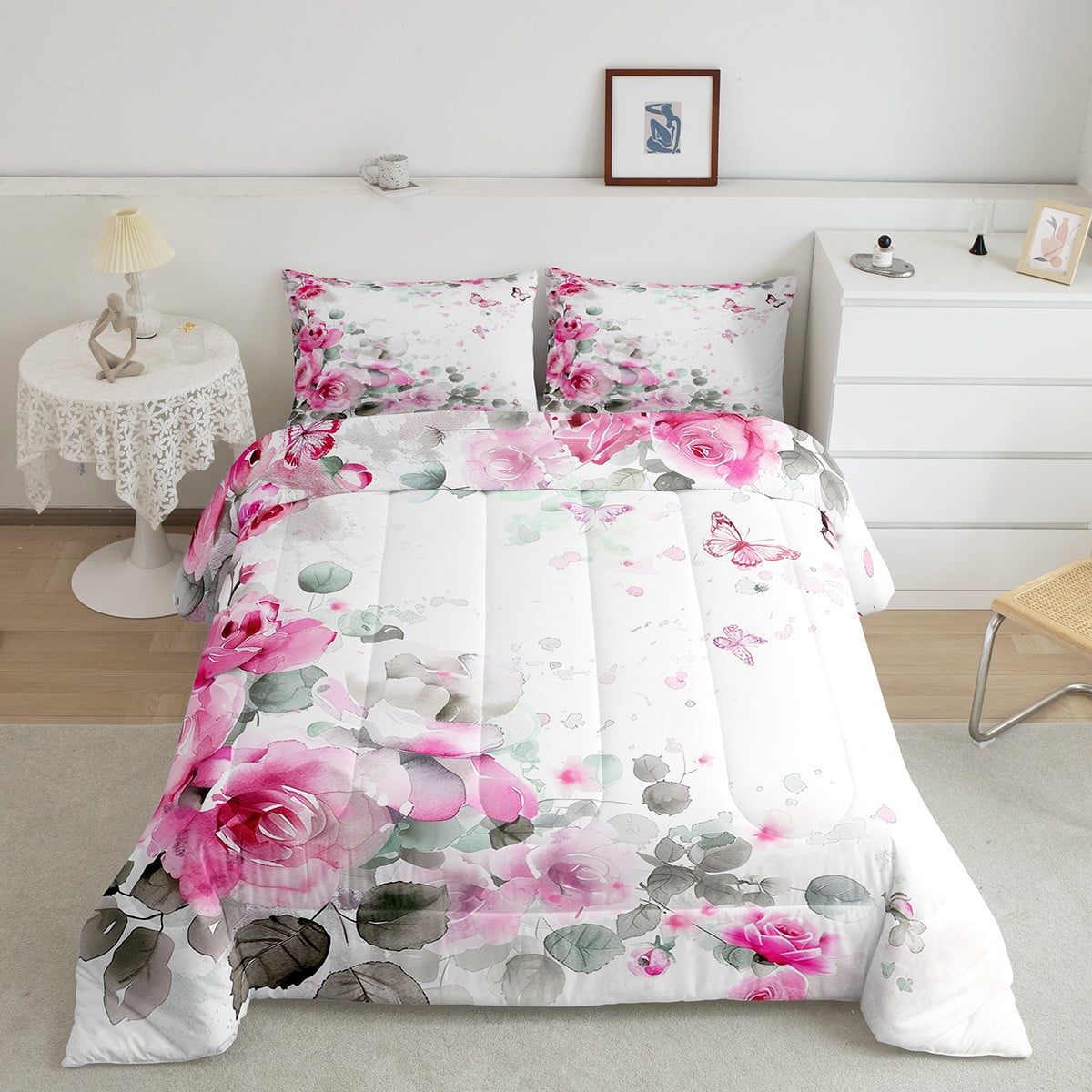 Watercolor Rose Toddler Comforter Set,Pink Rose Flowers Bedding Set for ...
