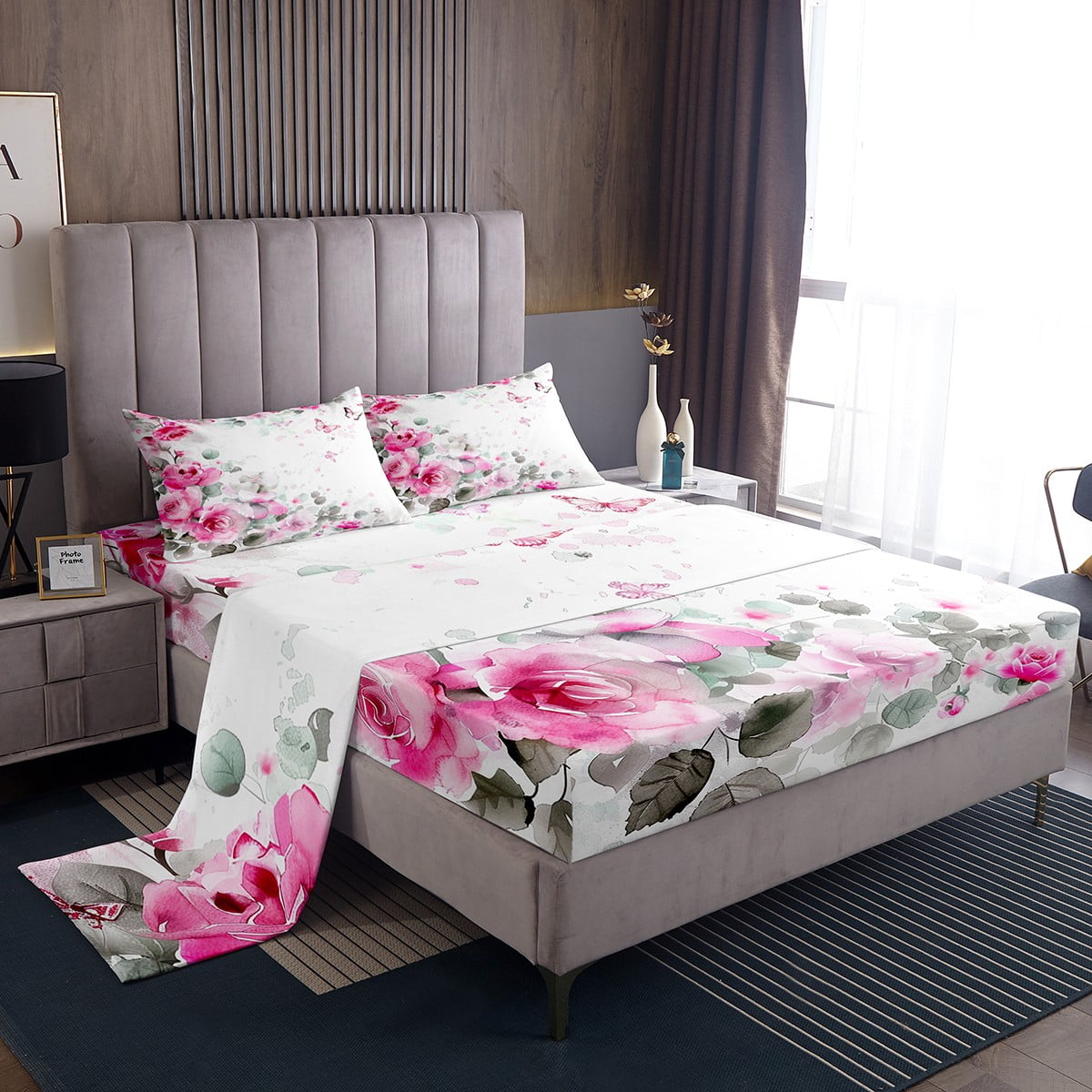 Watercolor Rose Twin Bed Sheets Set,Pink Rose Flowers Sheet Set Women ...