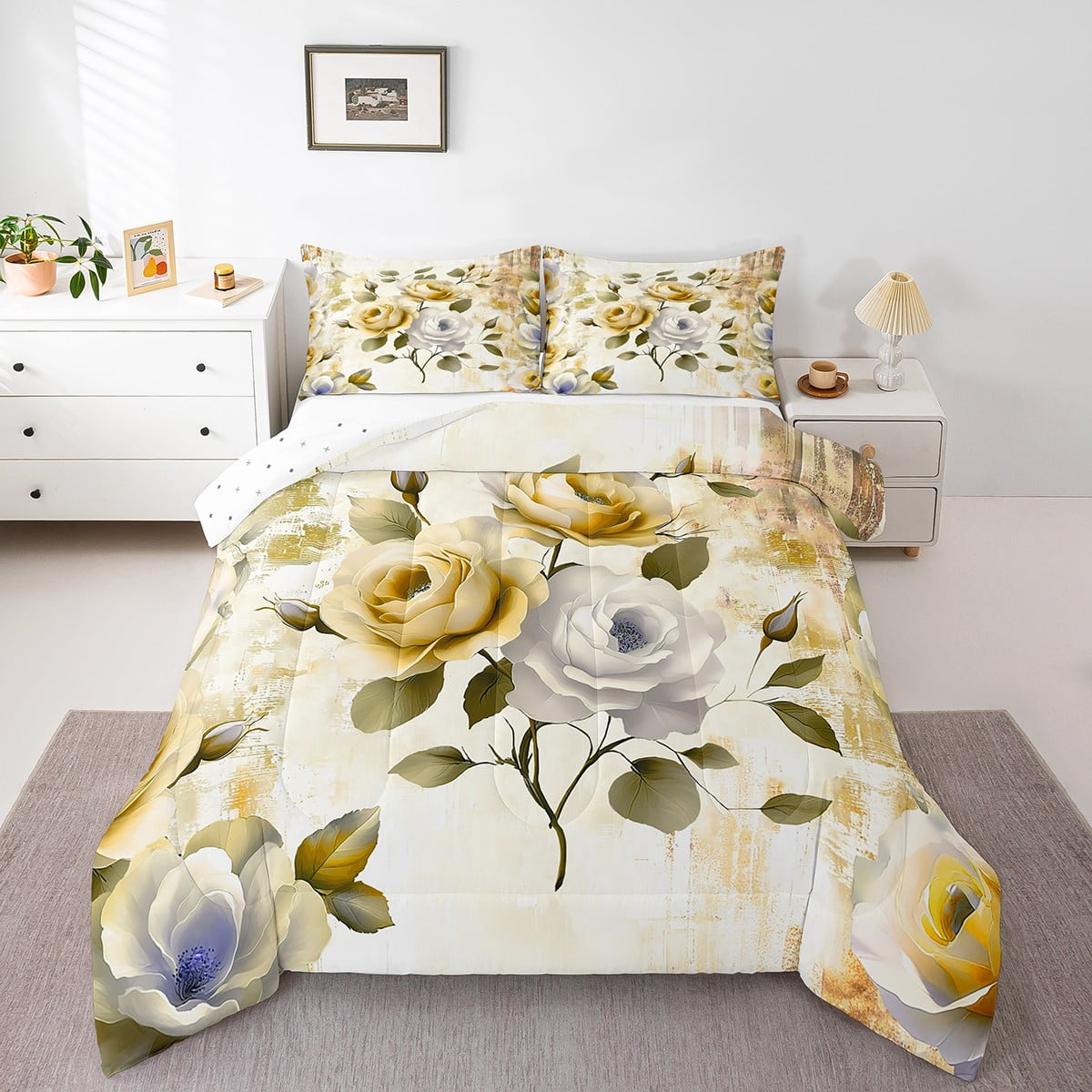 Watercolor Rose Twin Comforter Set Chic Flower Floral Bedding Set Twin ...