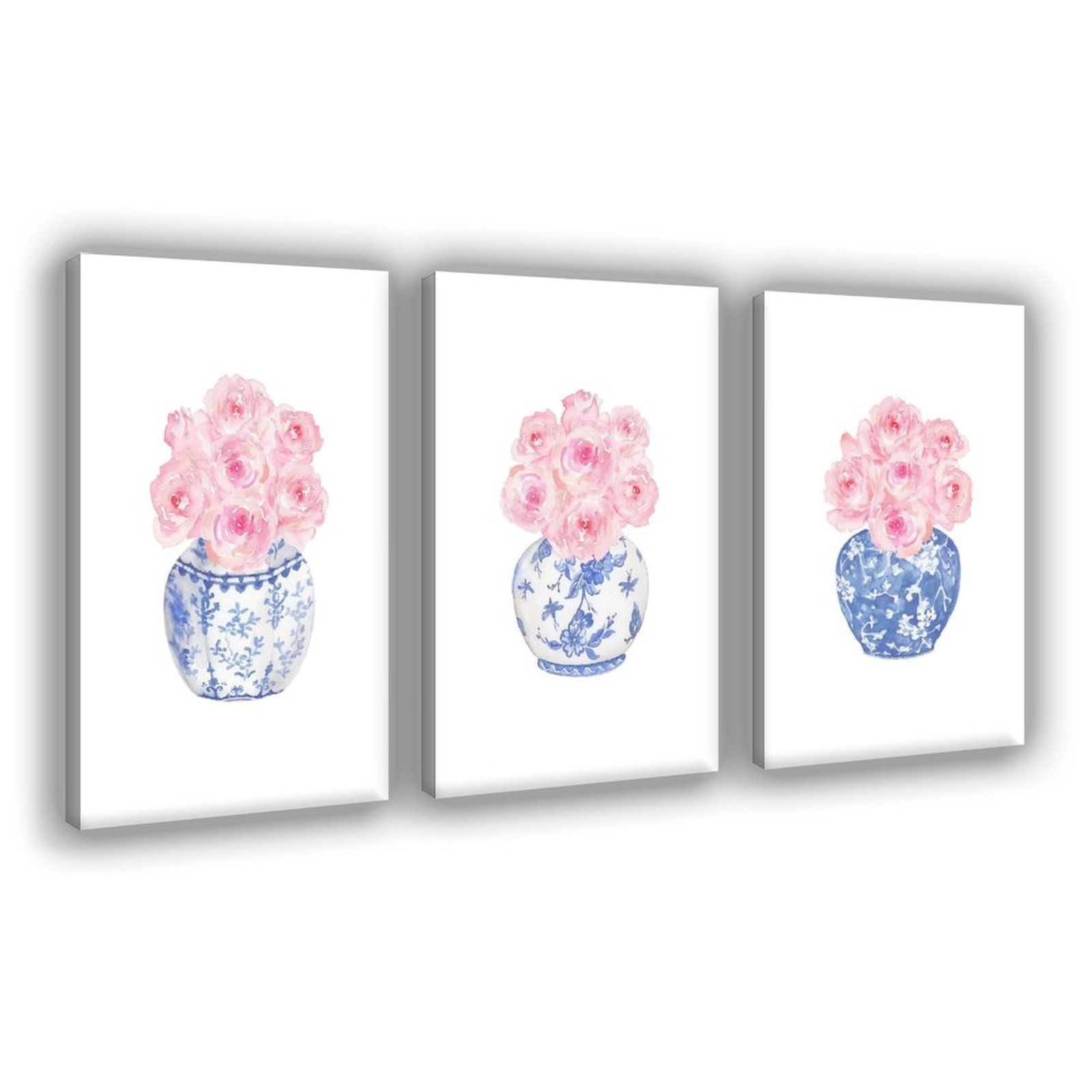 Watercolor Roses in China Vases Canvas Print Art Set of 3 Prints, Blue ...