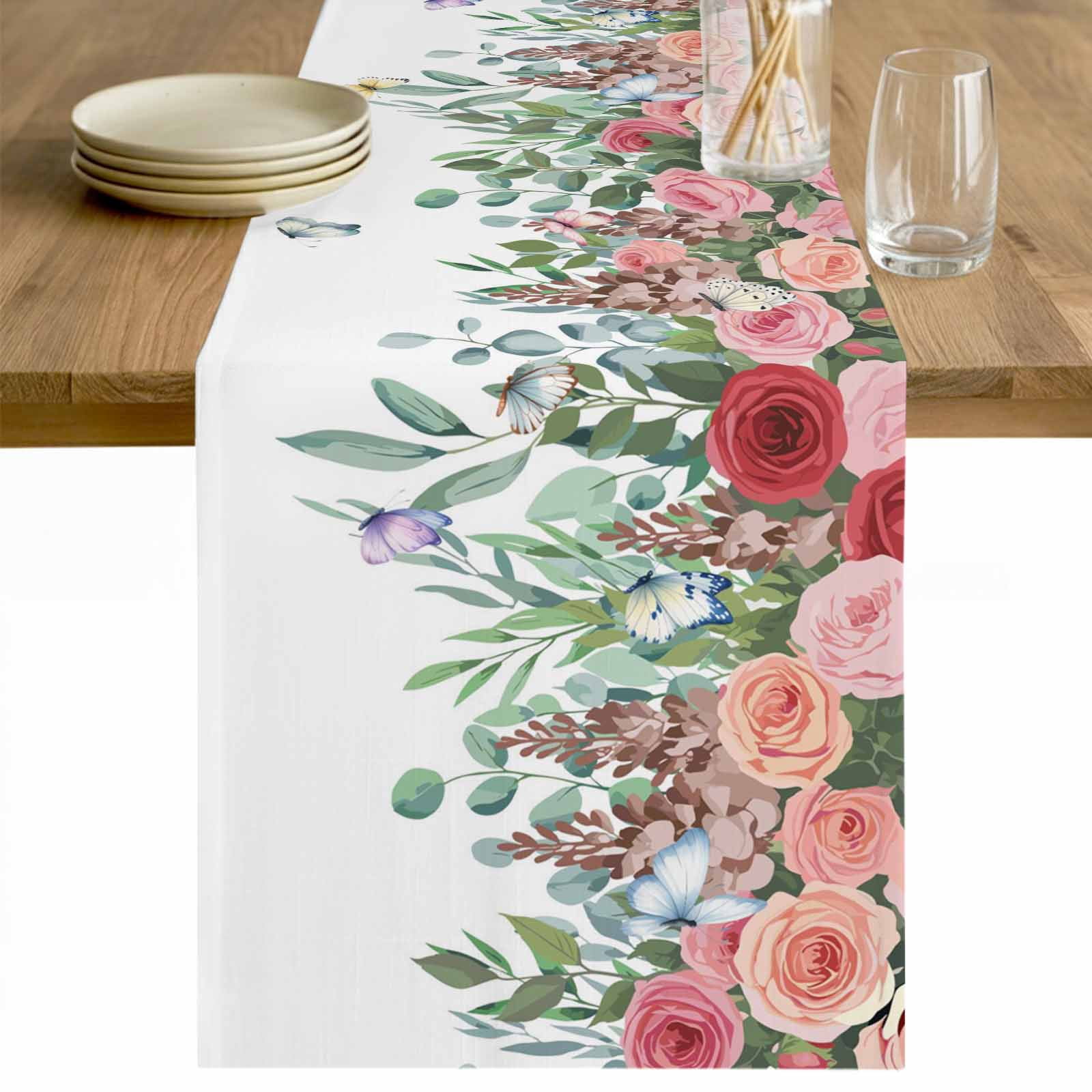 Watercolor Roses Table Runner - 120 Inch Long Spring Flowers Leaves ...