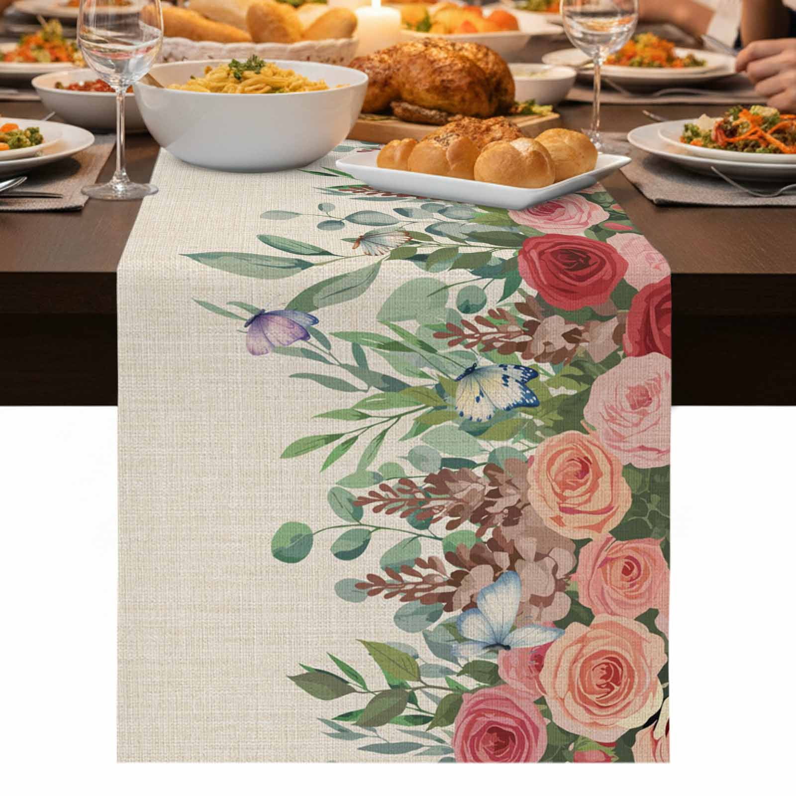 Watercolor Roses Table Runner 72 Inch Long Dresser Scarves Cotton Linen ...