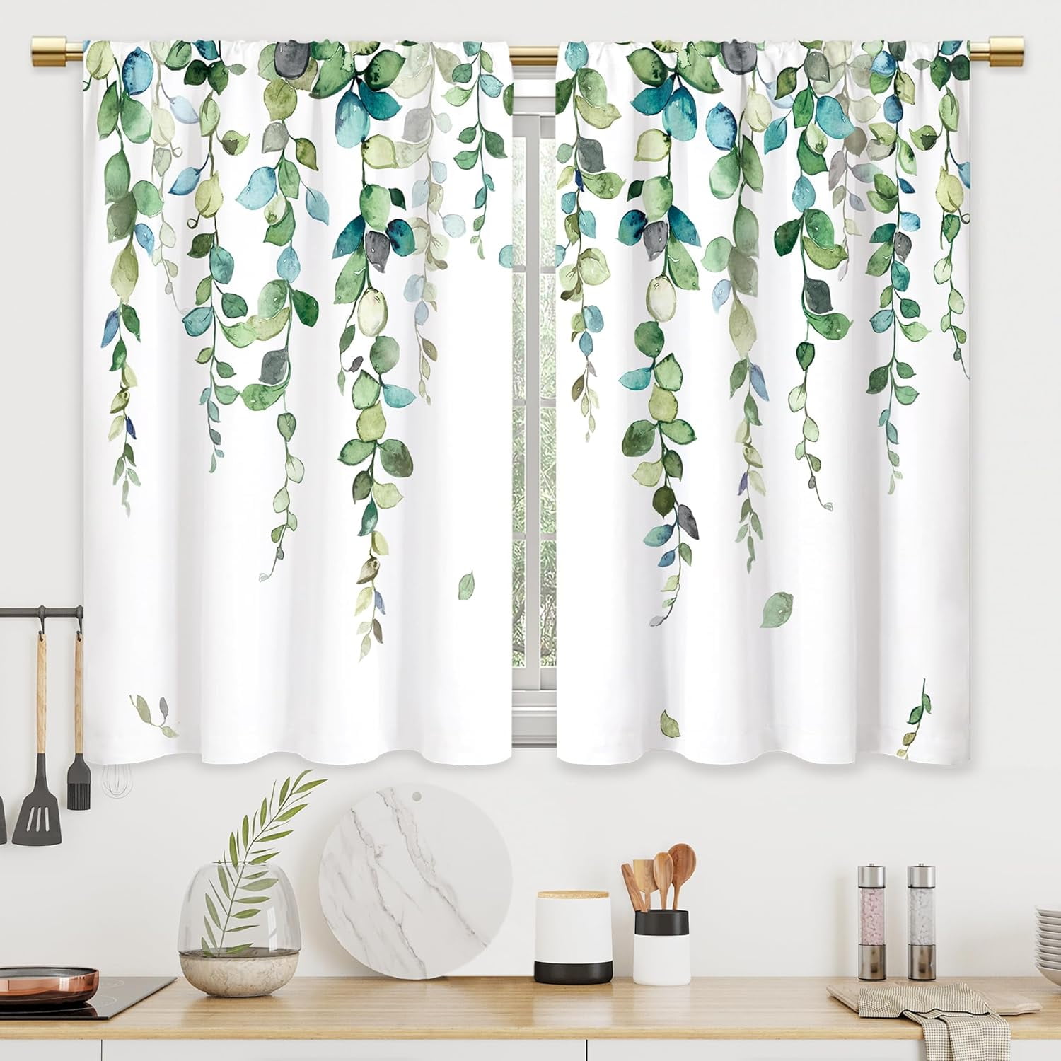 Watercolor Sage Green Leaves Kitchen Curtains Leaf Vine Plant Bathroom ...