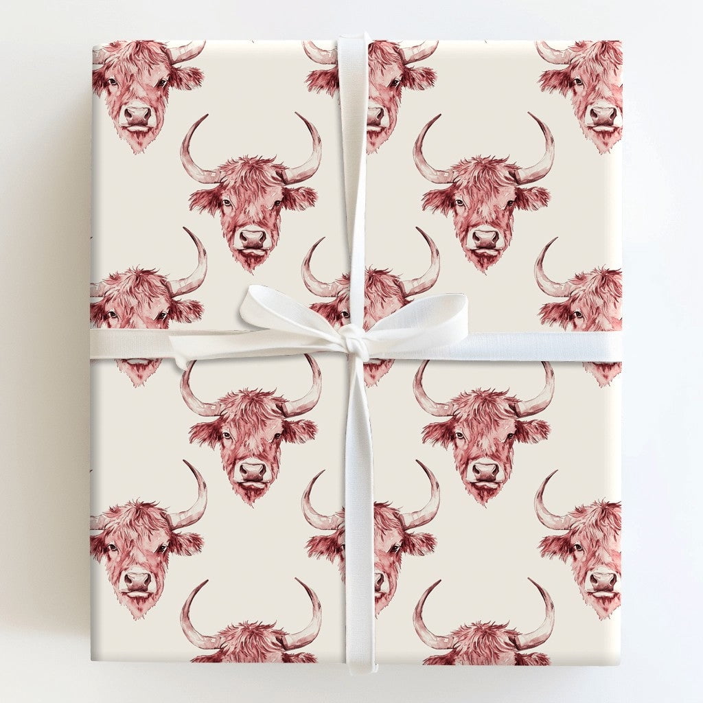 Watercolor Scottish Highland Cow Head Pattern Gift Wrapping Paper ...
