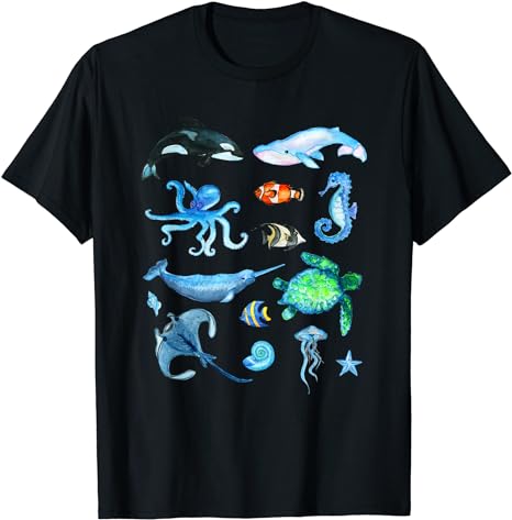 Watercolor Sea Animals Kids Ocean Wildlife Marine Creatures T-Shirt ...
